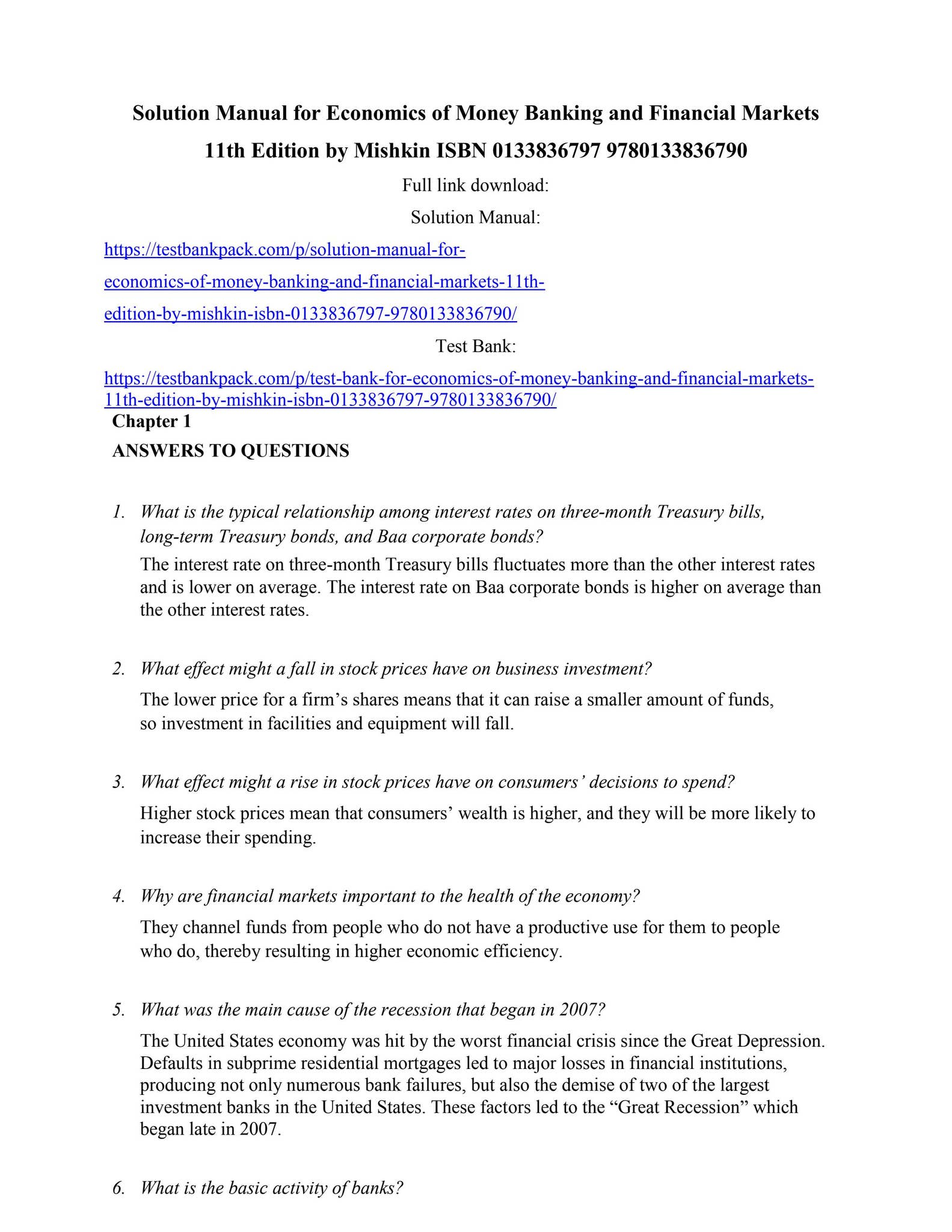 Solution manual for economics of money banking and financial markets ...
