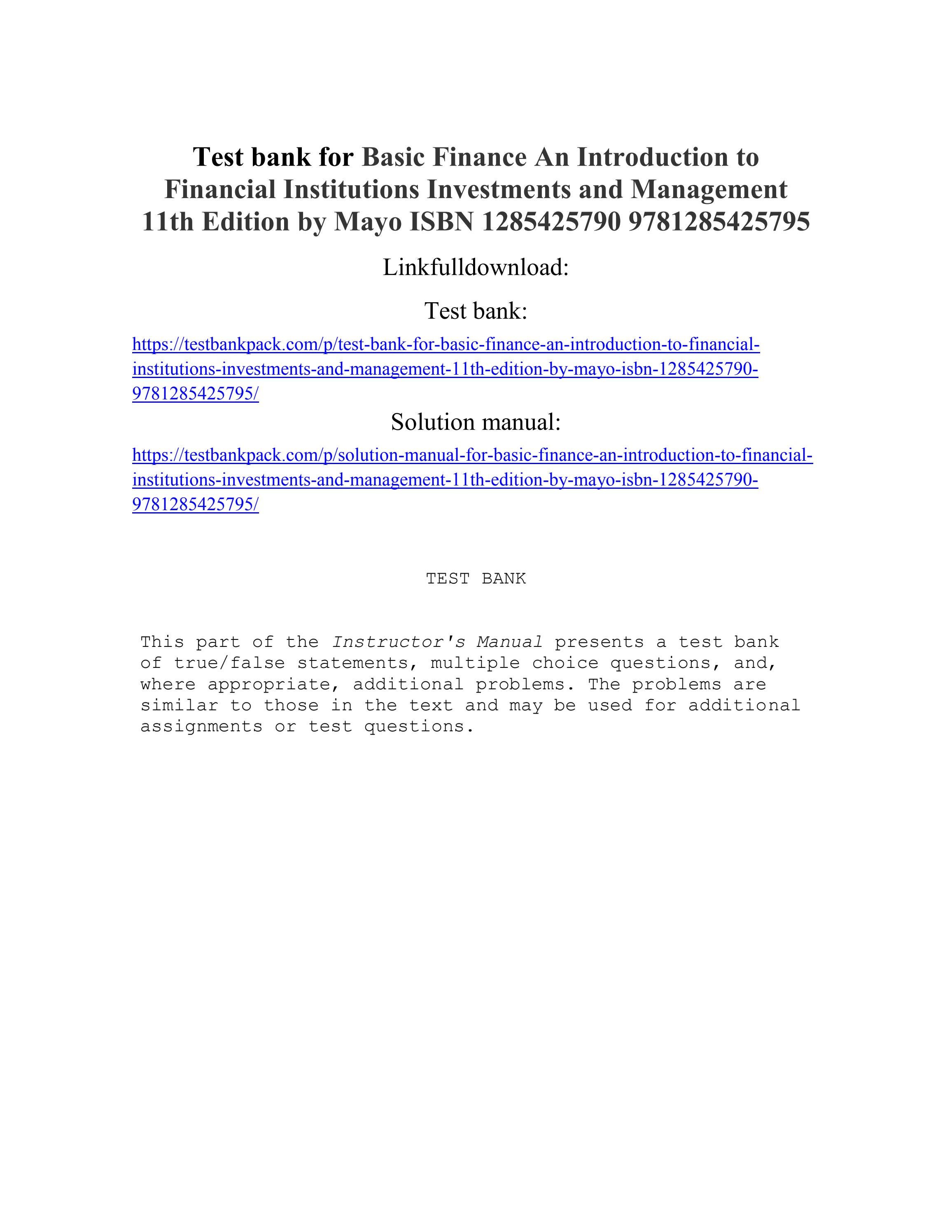 Test bank for basic finance an introduction to financial institutions ...
