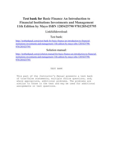 Test bank for basic finance an introduction to financial institutions ...
