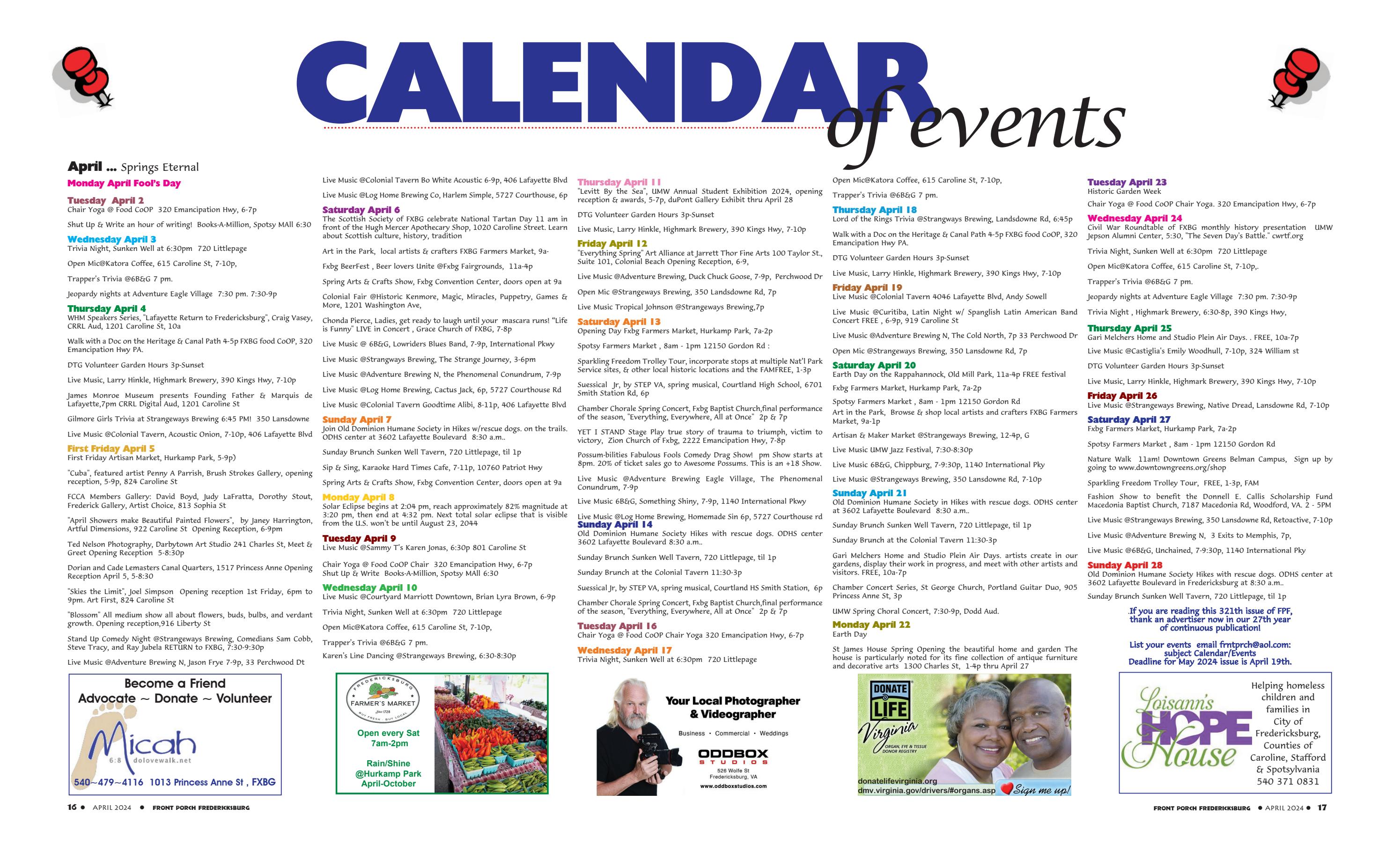 Calendar of Events Fredericksburg Virginia April 2024 by Virginia ...