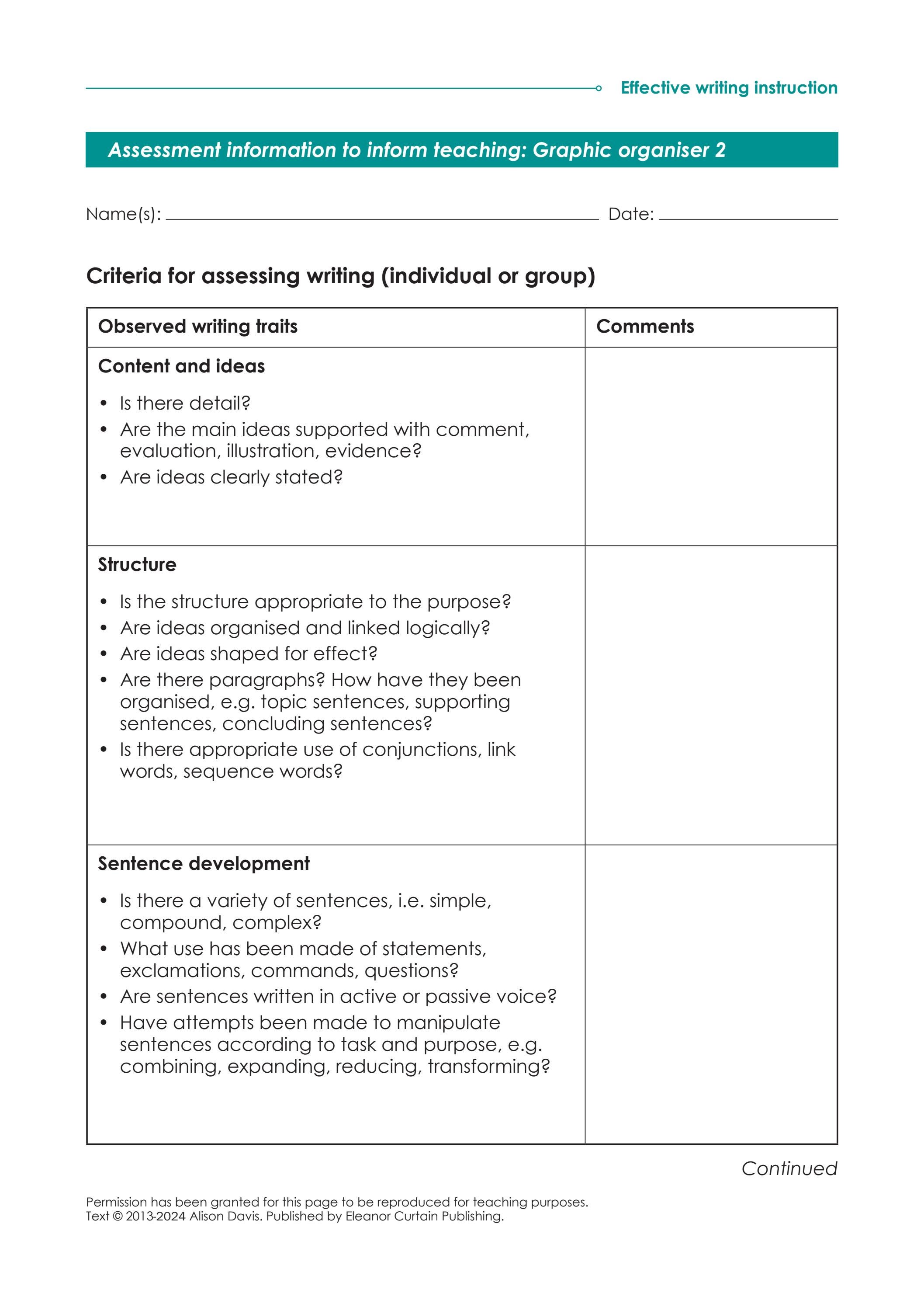 Ch 2.3. Assessment information to inform teaching - Graphic Organiser 2 ...