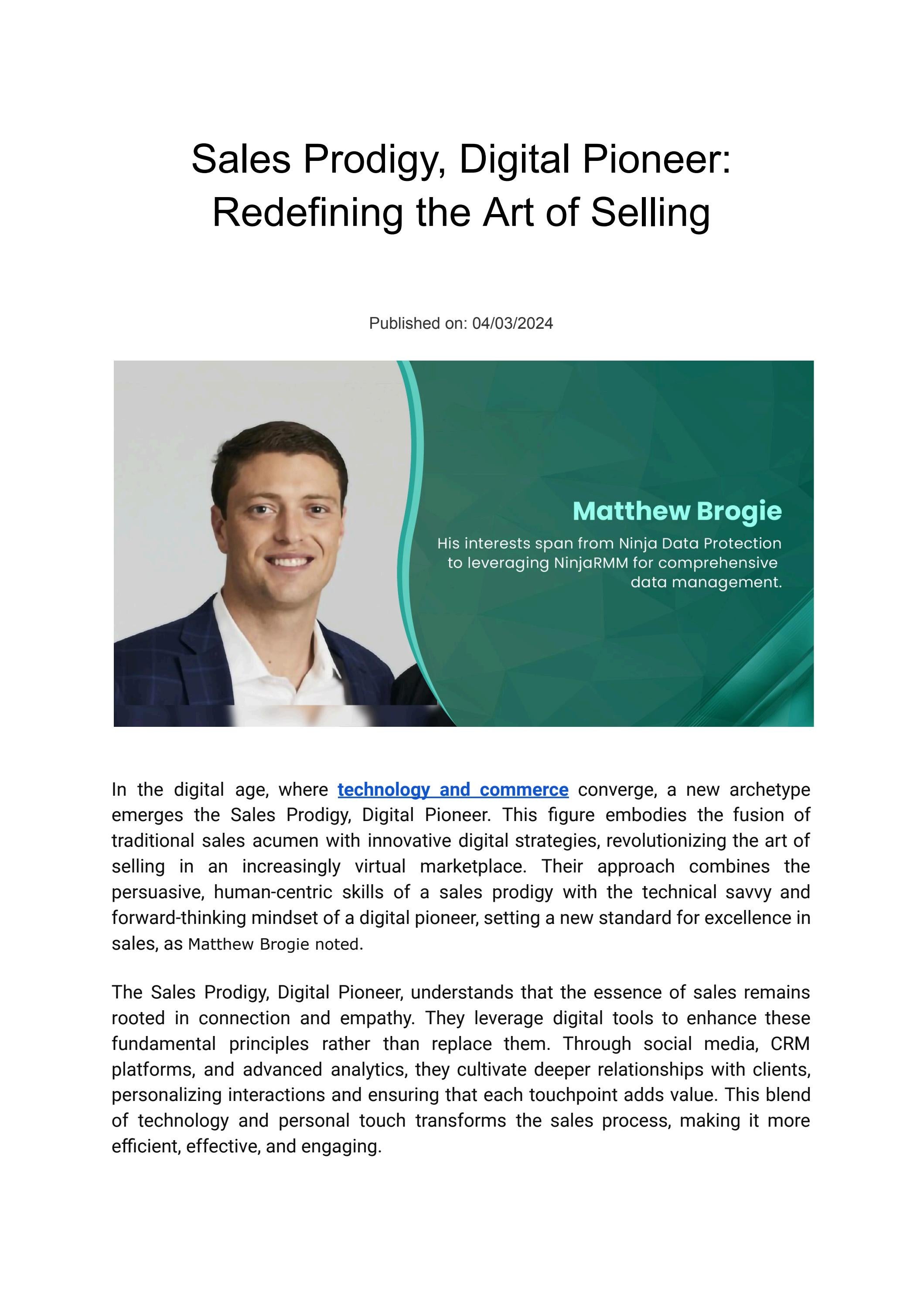Sales Prodigy, Digital Pioneer: Redefining the Art of Selling by Matthew Brogie - Issuu