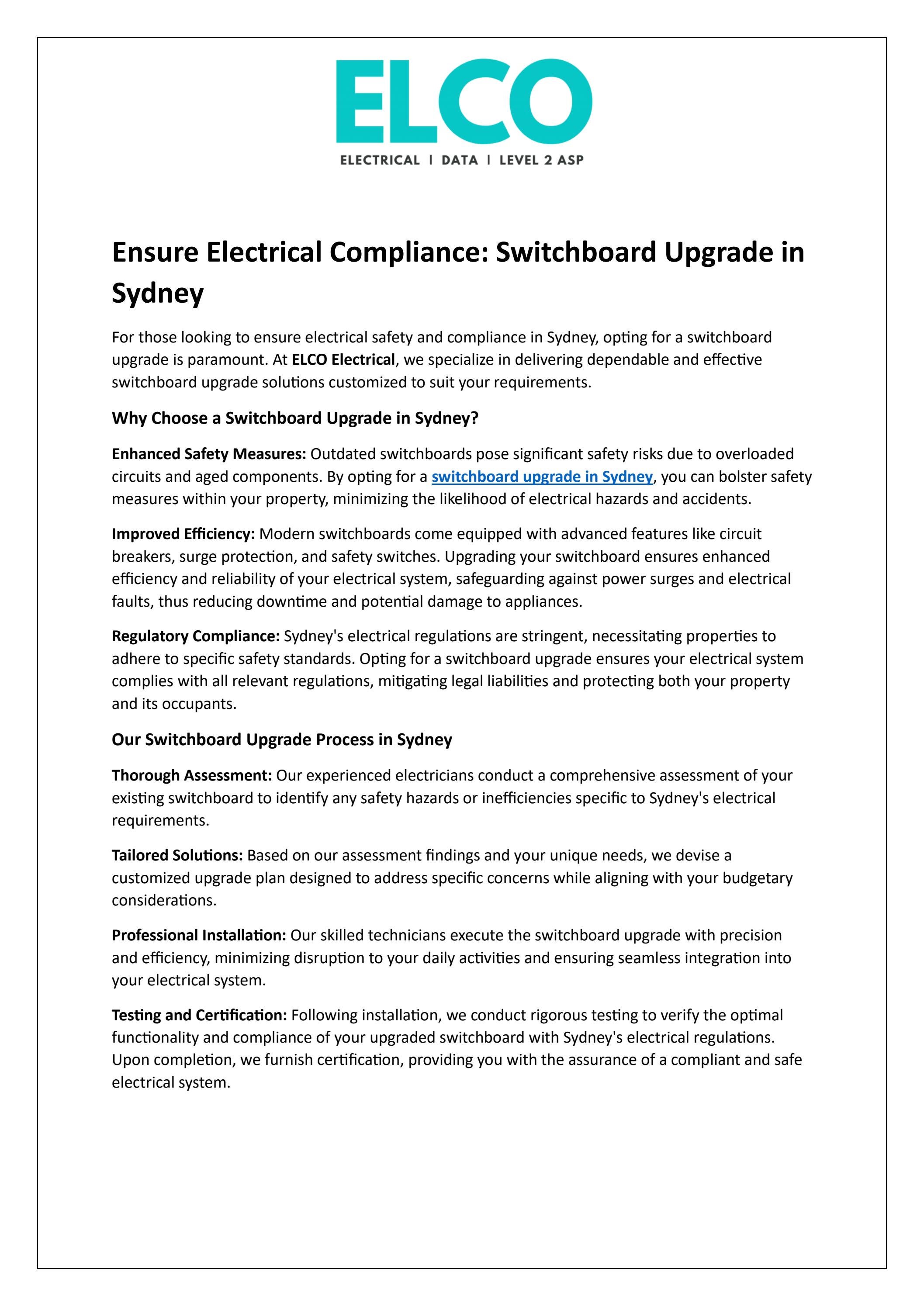 Ensure Electrical Compliance: Switchboard Upgrade in Sydney by ELCO ...