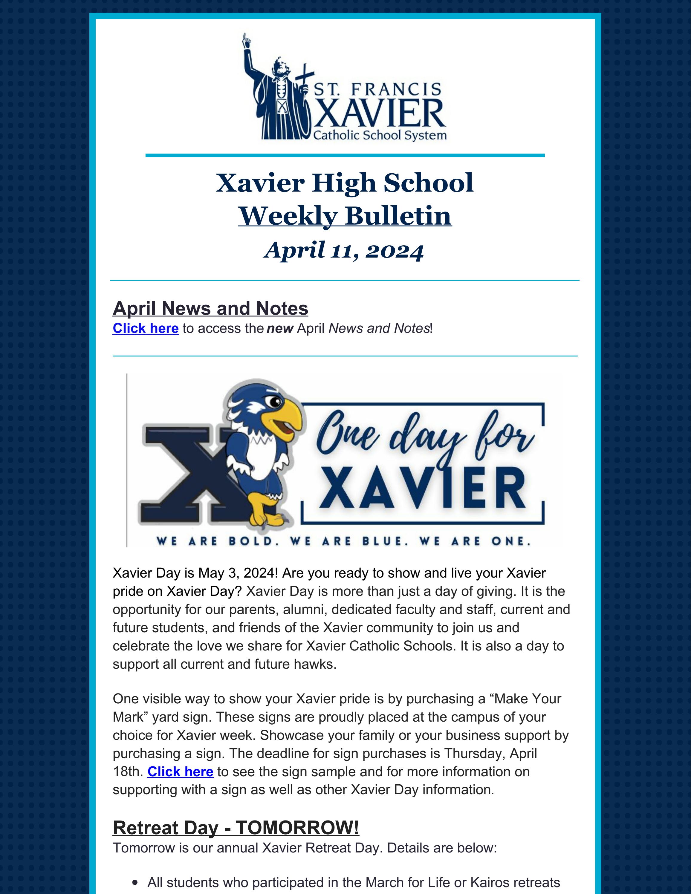 Xavier High School Weekly Bulletin by XavierHawks - Issuu