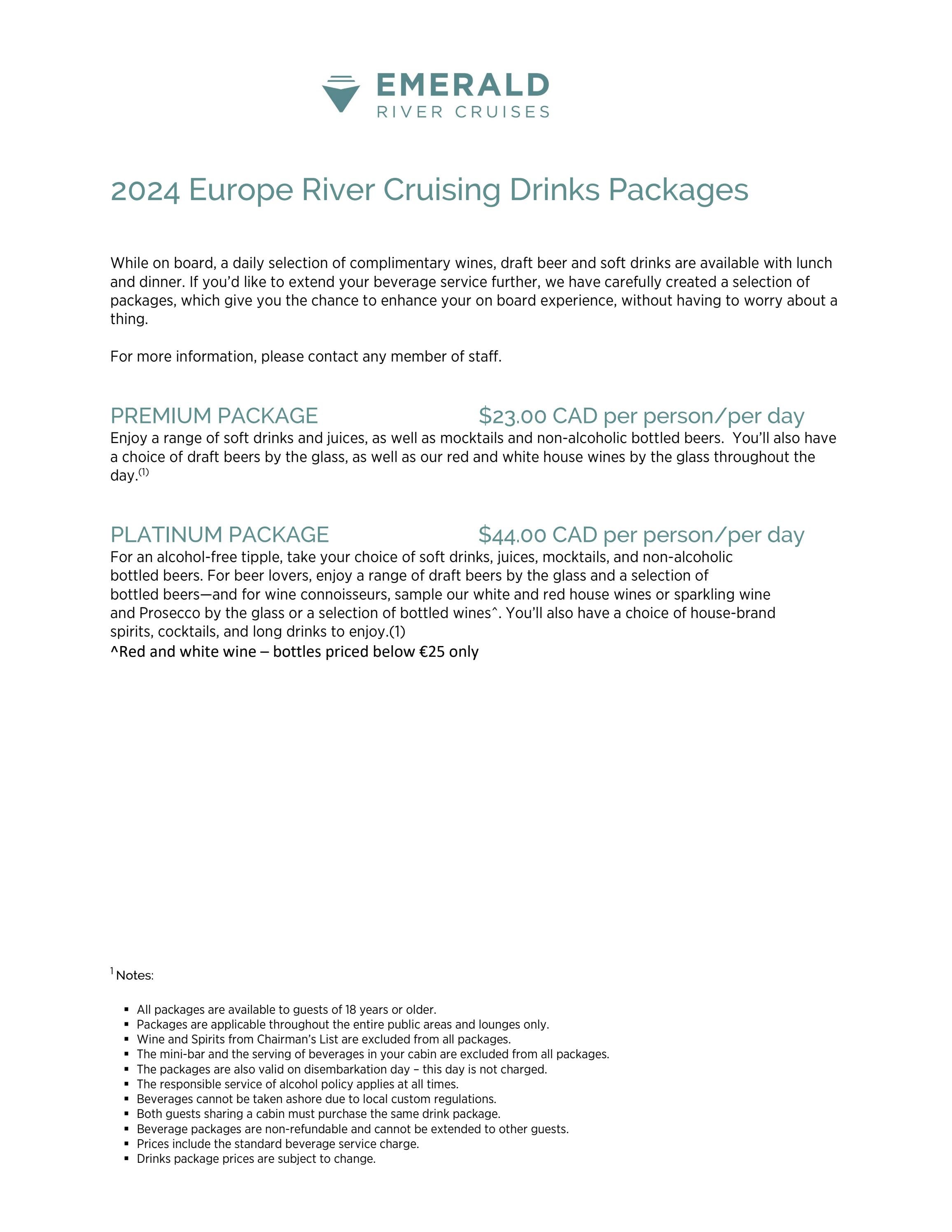 Emerald Cruises ERC 2024 Drinks Packages prices by Emerald Cruises ...