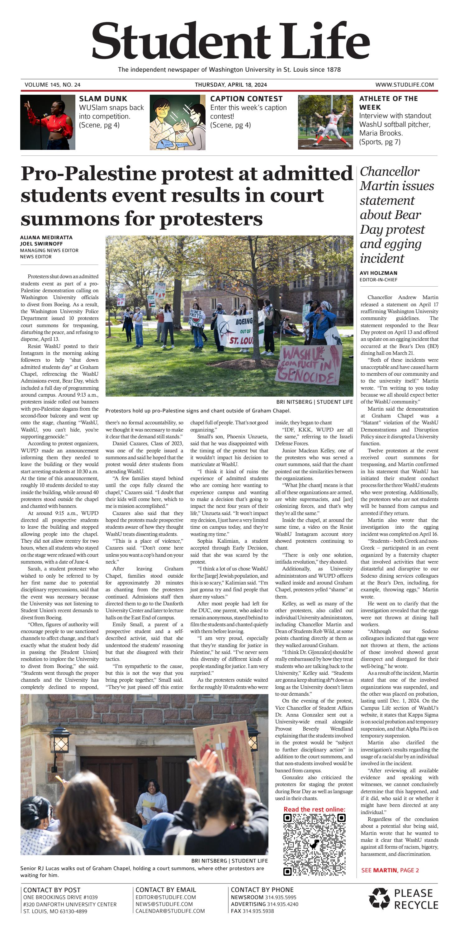 April 18, 2024 Student Life Newspaper, Washington University in St ...