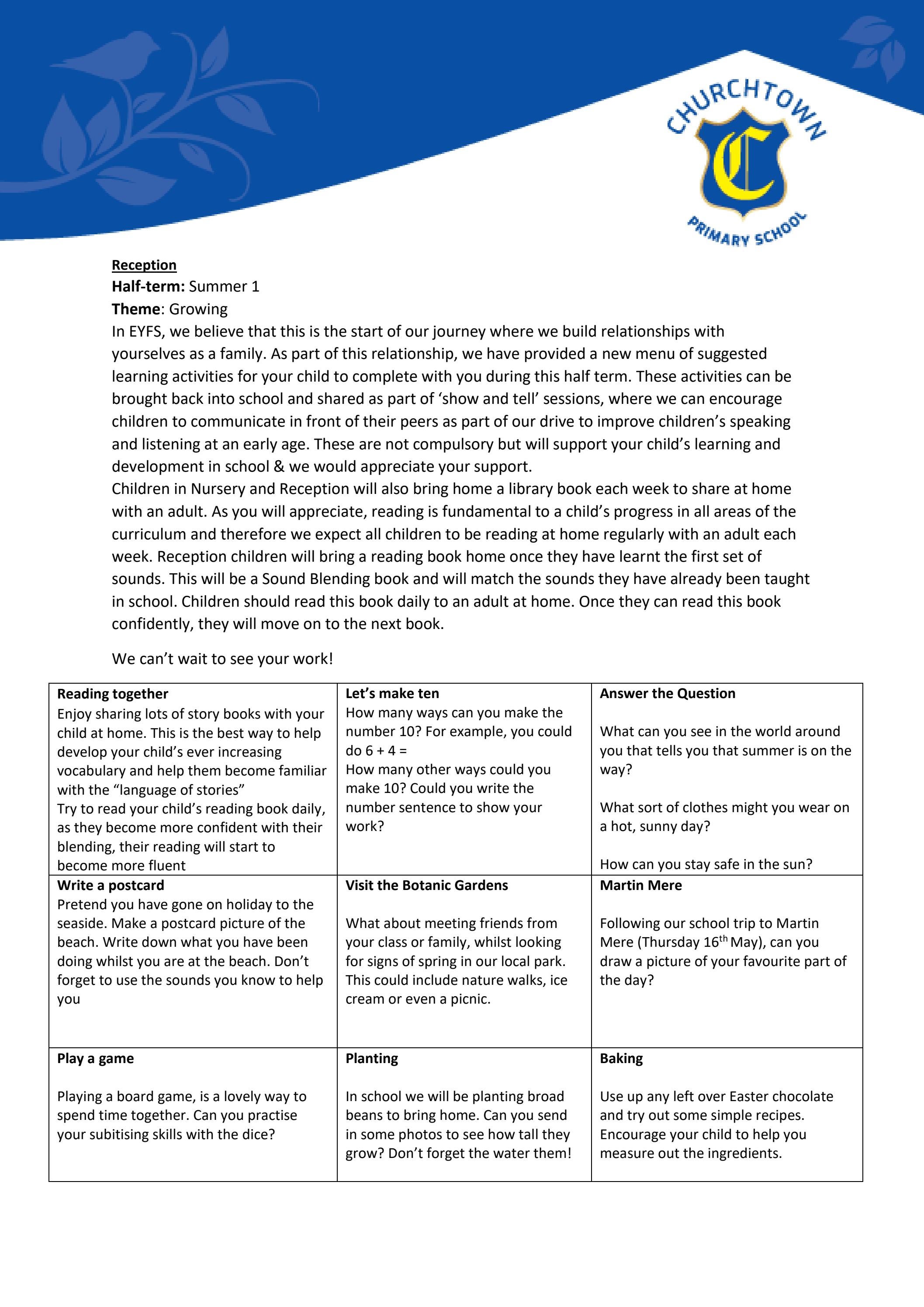 Reception Summer 1 Homework Menu by Schudio - Issuu