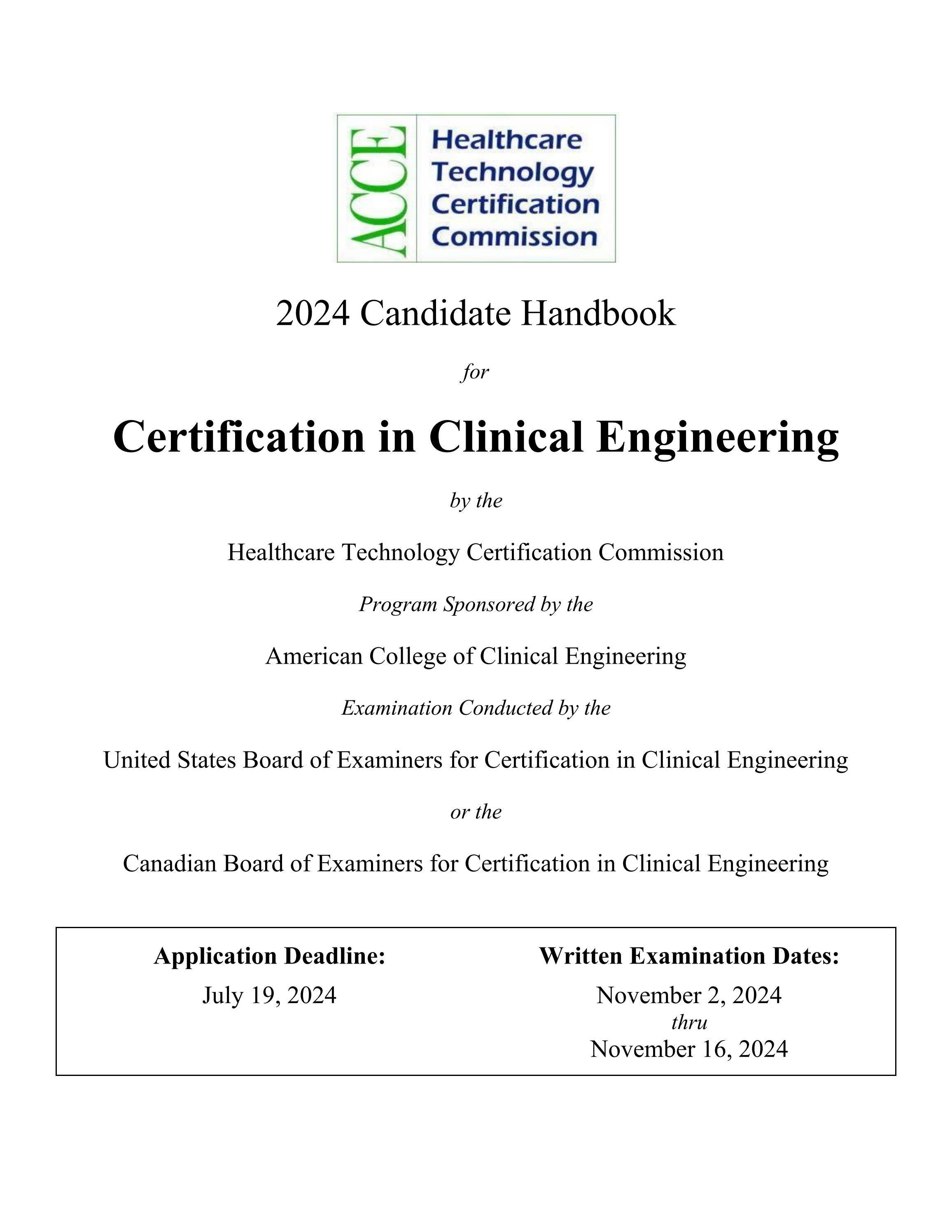2024 Candidate Handbook for Certification in Clinical Engineering by ...