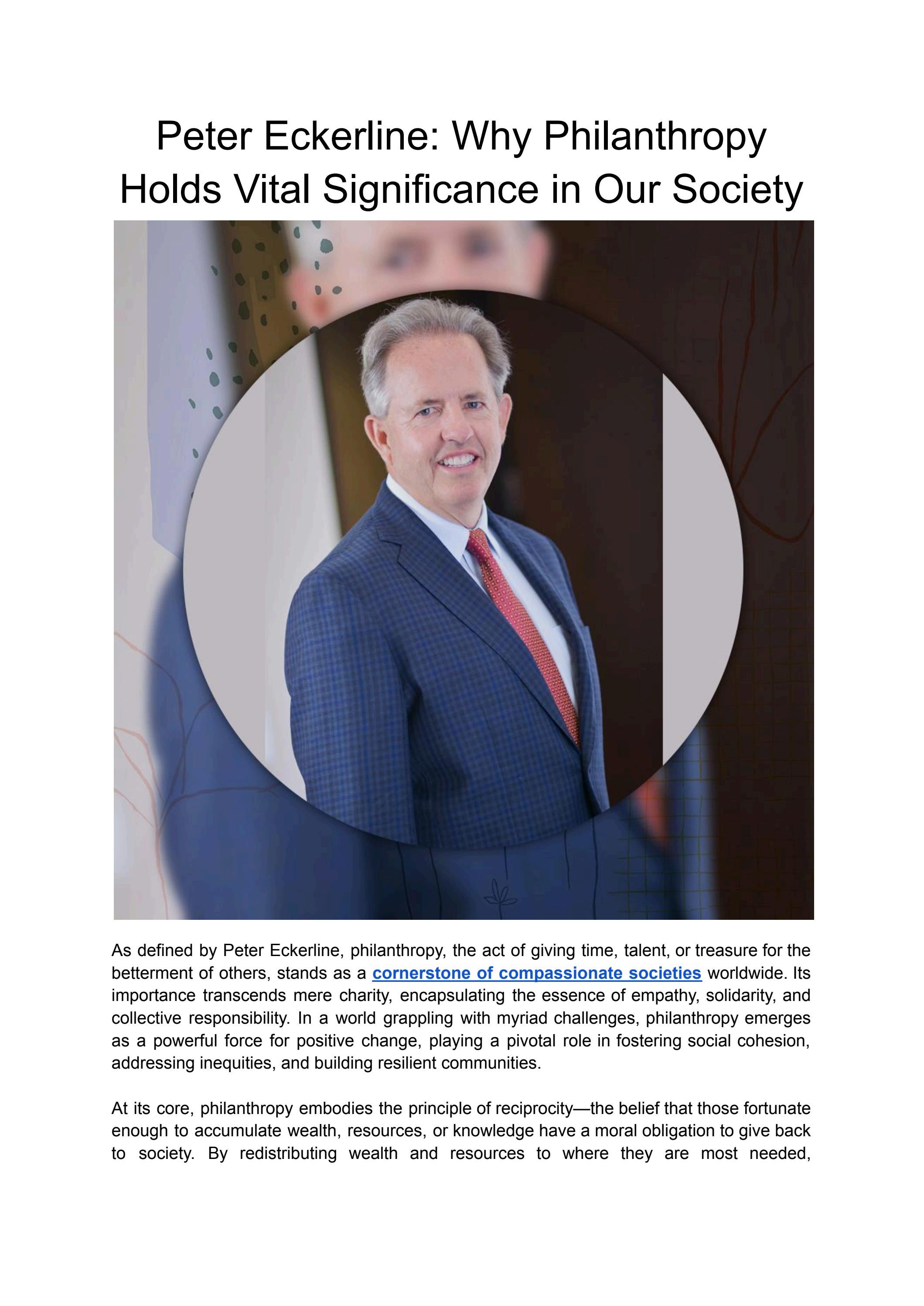 Peter Eckerline: Why Philanthropy Holds Vital Significance in Our ...