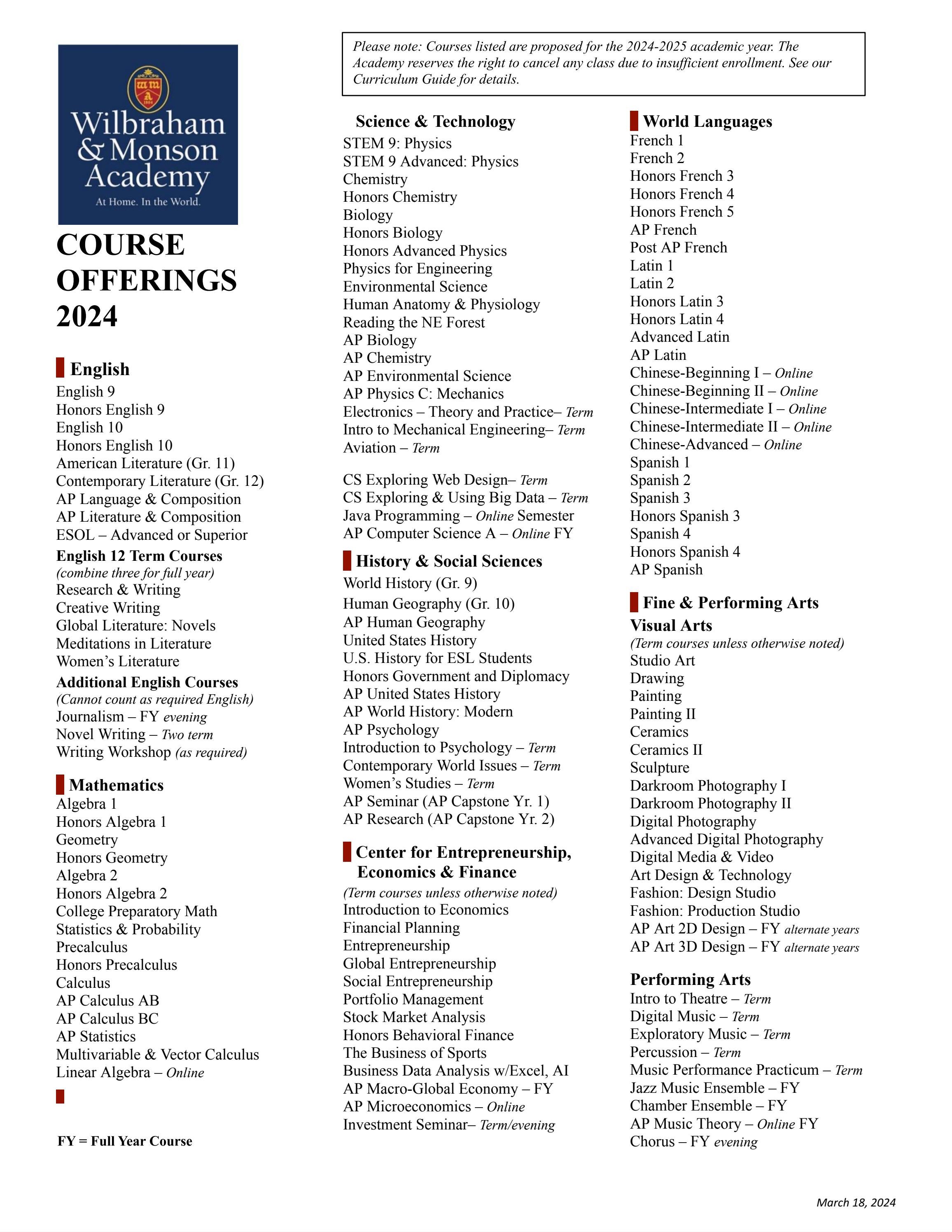 Course Offerings 2024-2025 by Wilbraham & Monson Academy - Issuu