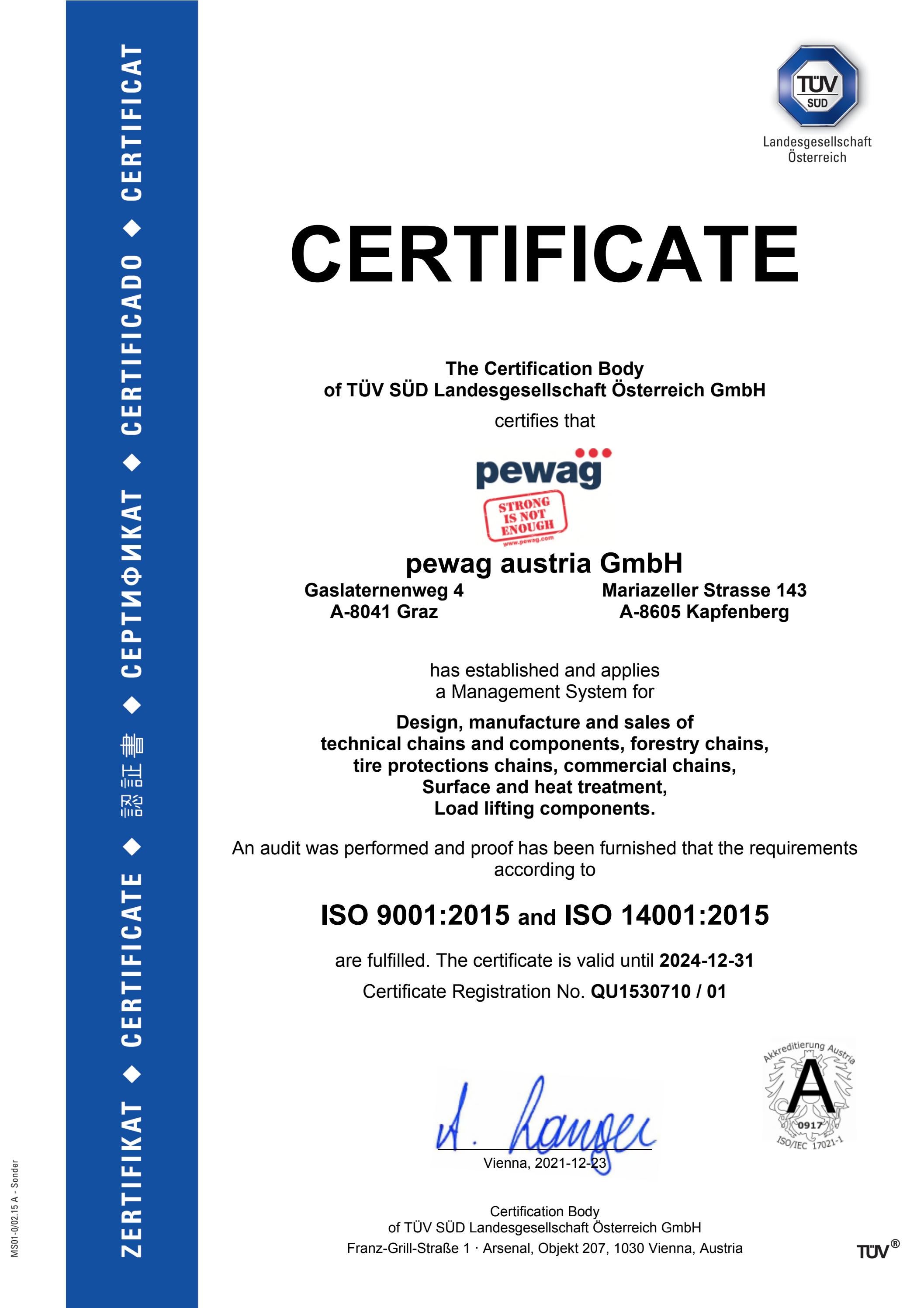 PWA Certificate ISO9001:2015 ISO14001:2015 EN by pewag - Issuu