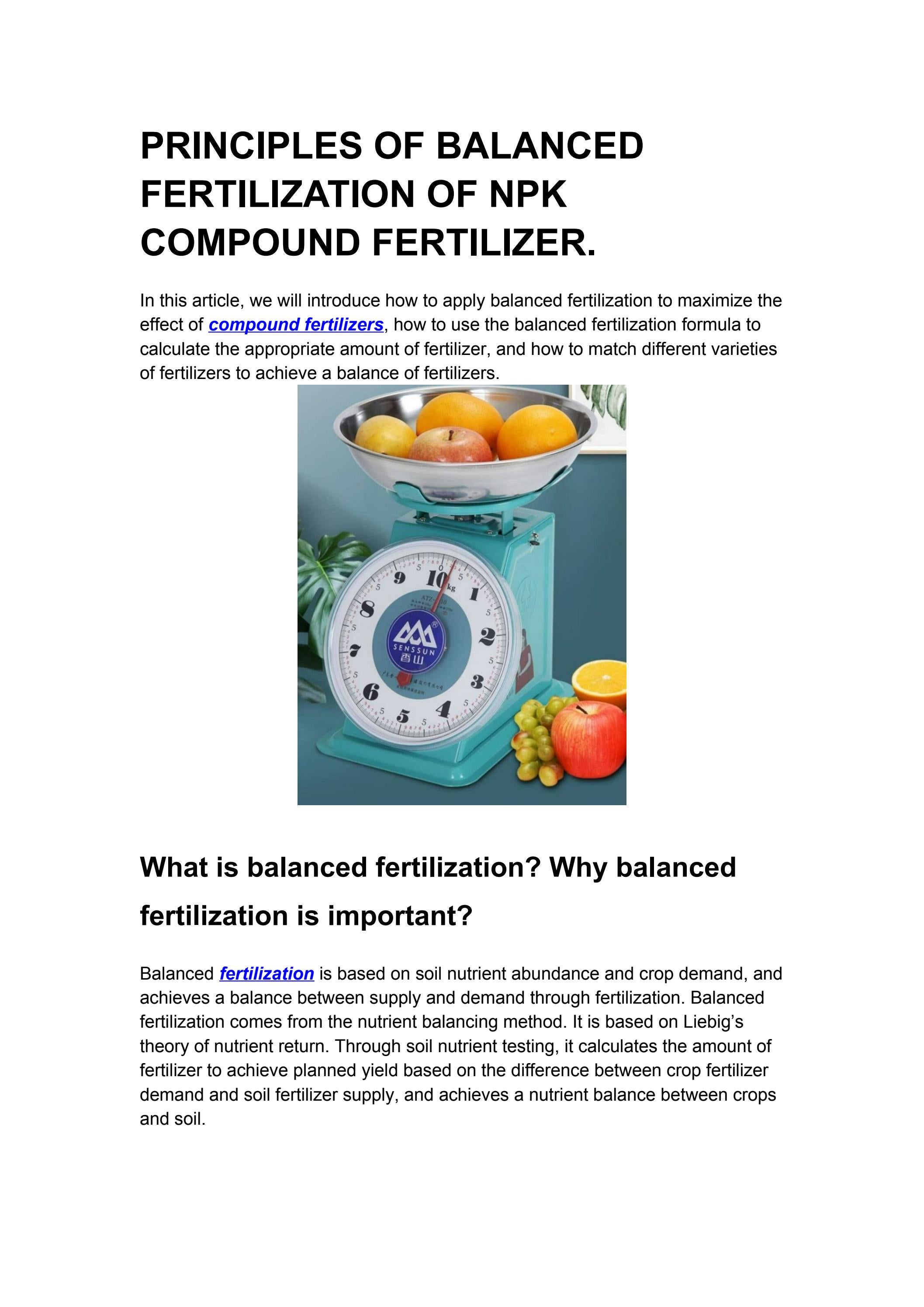 PRINCIPLES OF BALANCED FERTILIZATION OF NPK COMPOUND FERTILIZER. by Zhejiang Tongli Heavy ...