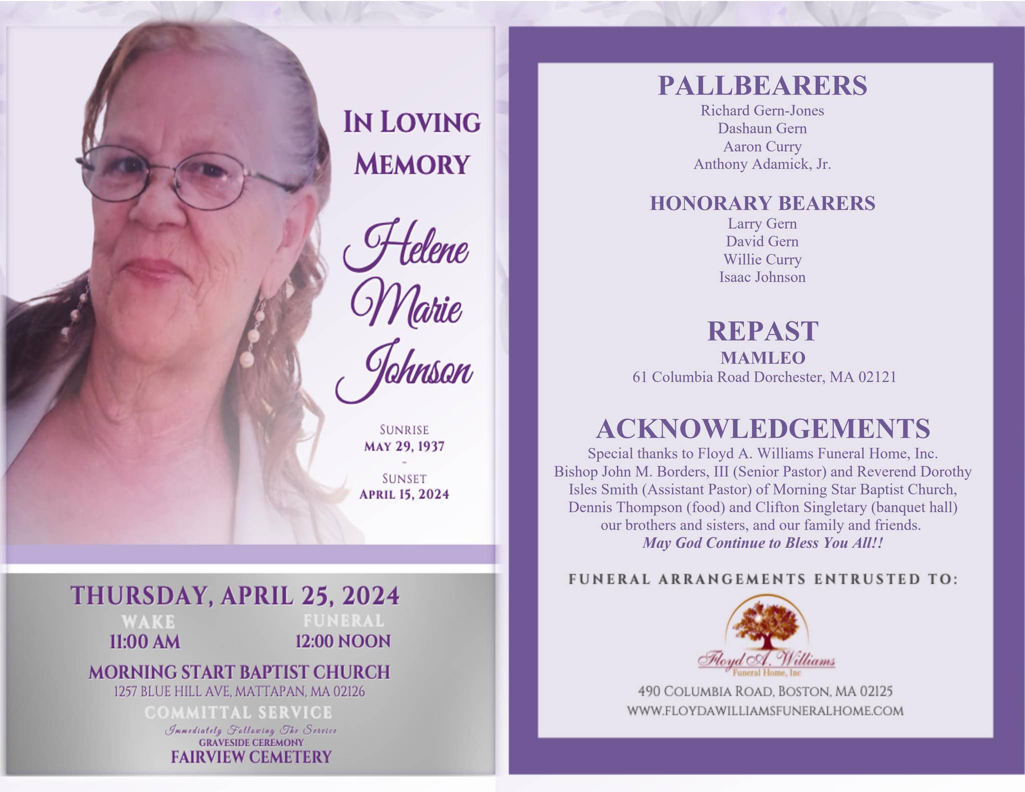 Memorial Folder for the Late Mother Helene Marie Johnson by ...