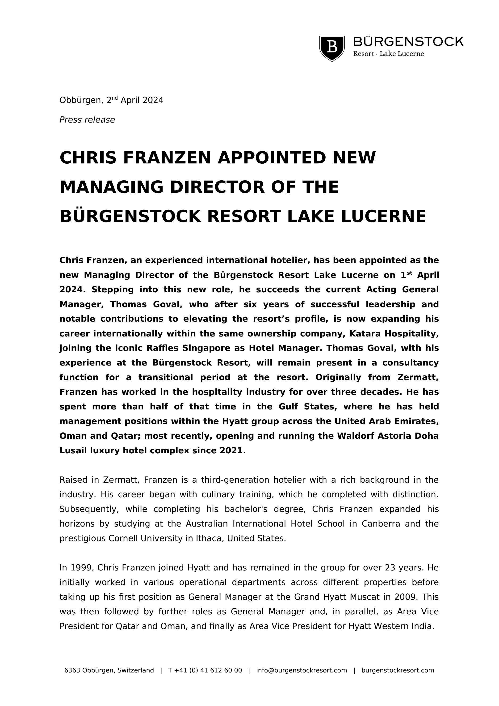 Press Release - Chris Franzen | EN by The Bürgenstock Selection - Issuu