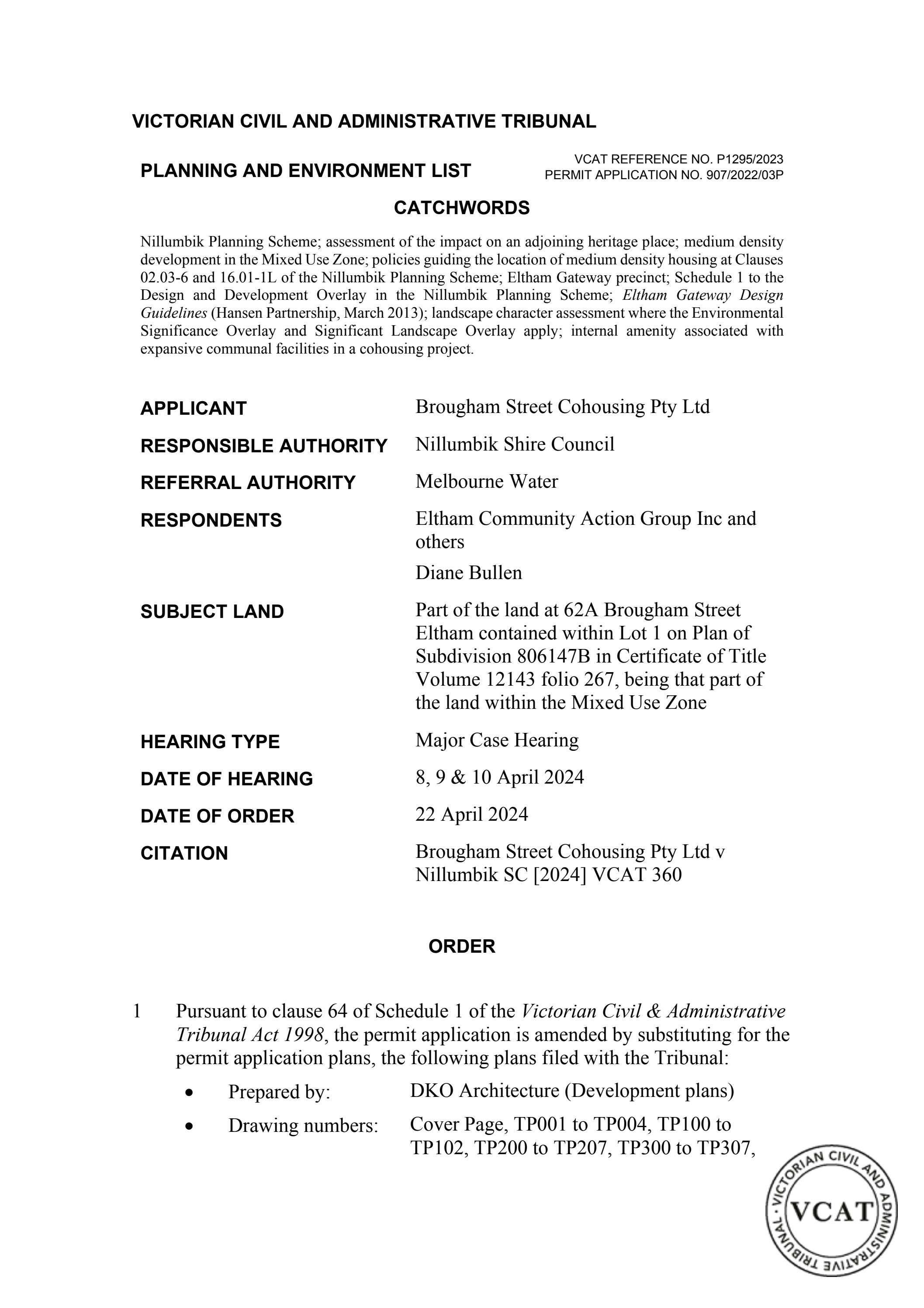 VCAT Order P1295 2023 Brougham Street Cohousing v Nillumbik Shire ...