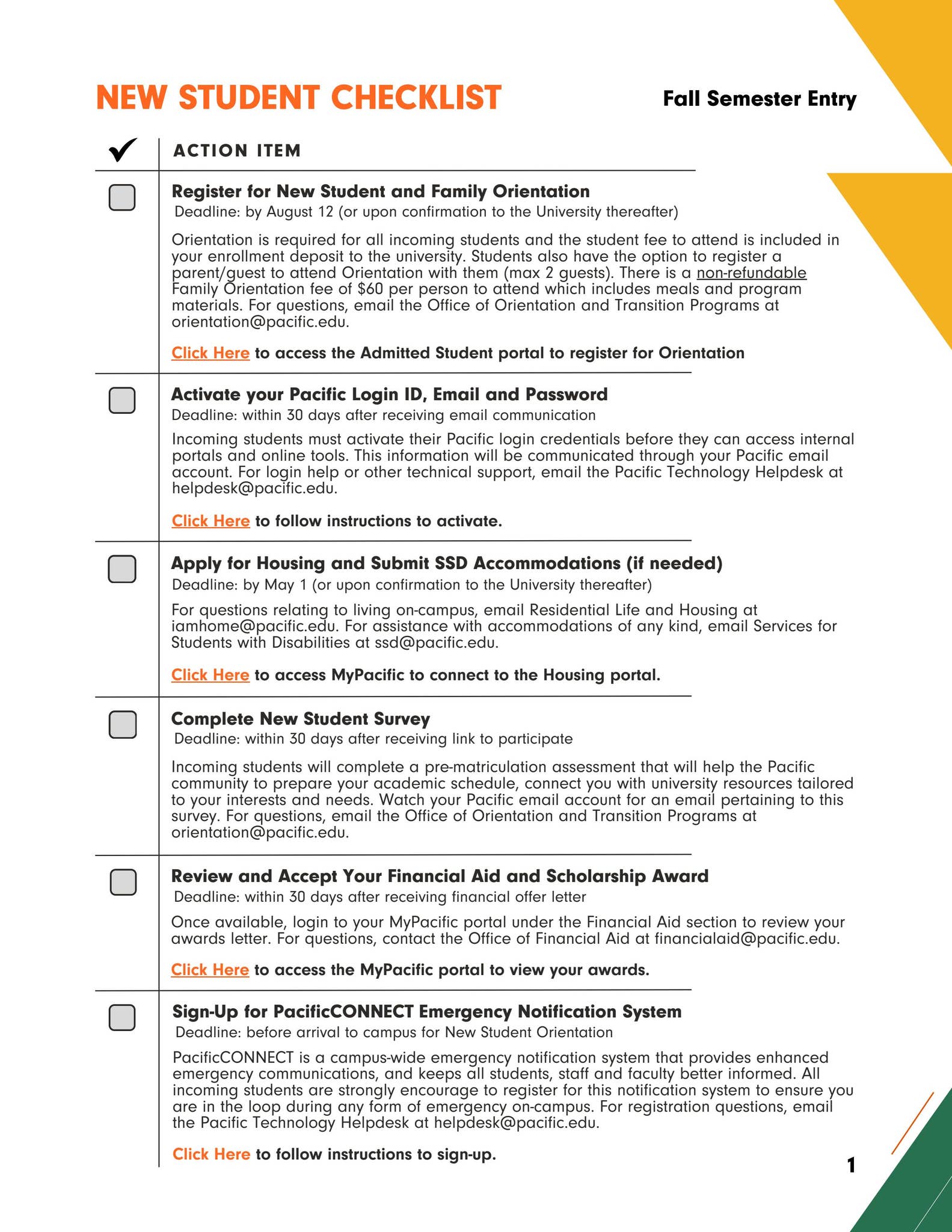 University of the Pacific Fall 2024 New Student Checklist by University ...