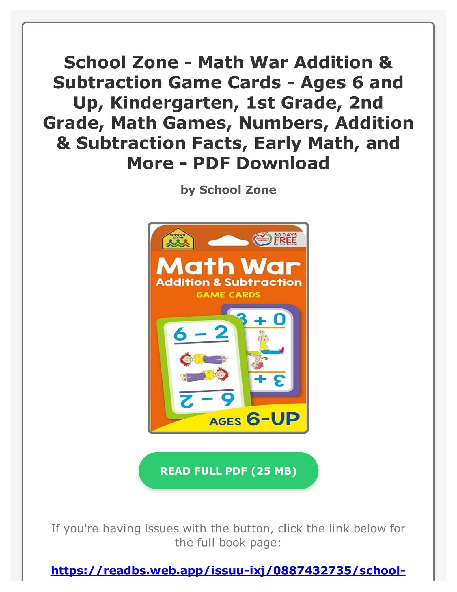 Ebook School Zone - Math War Addition & Subtraction Game Cards - Ages 6 ...
