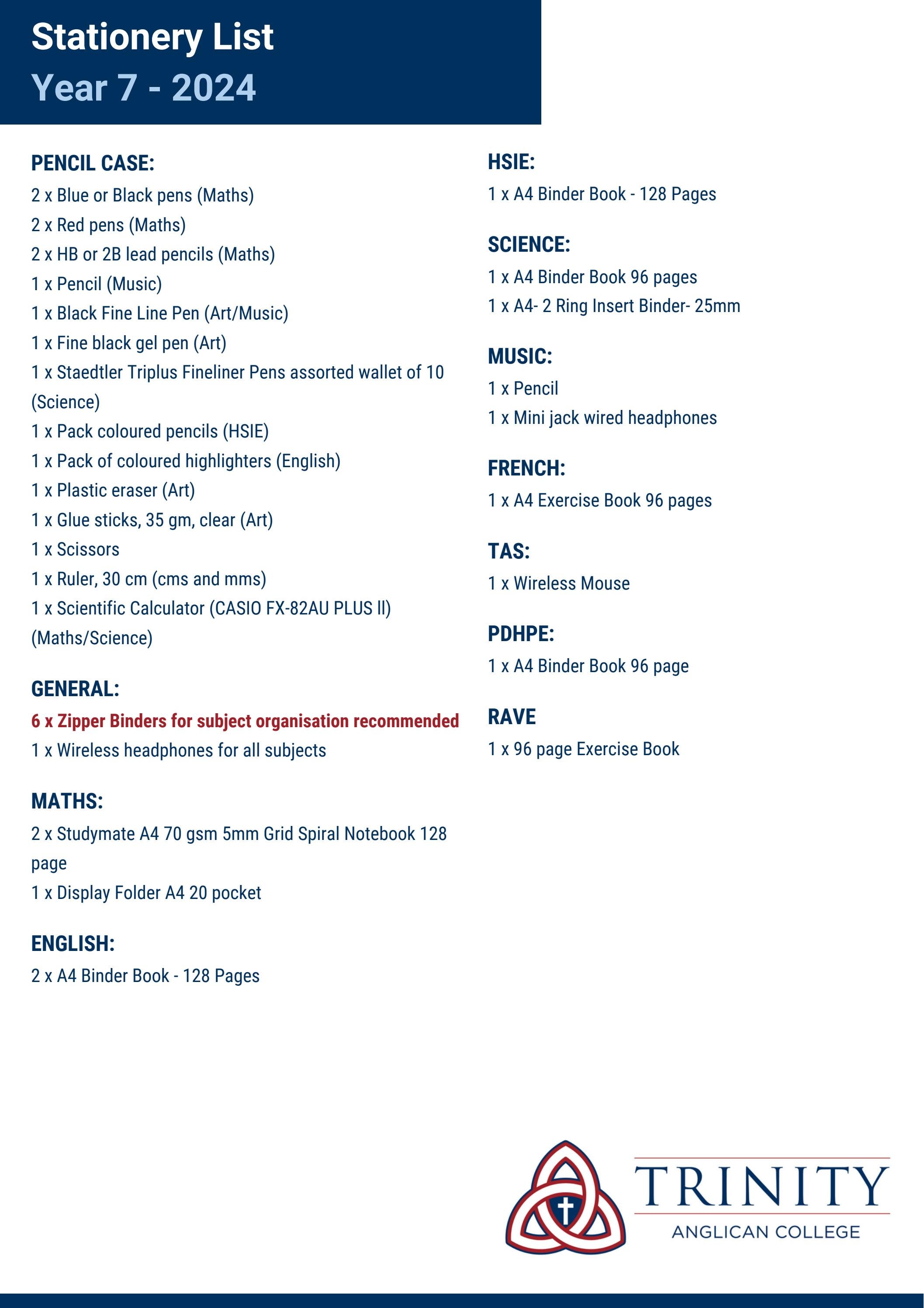 2024 Stationery Lists by trinityanglicancollege - Issuu