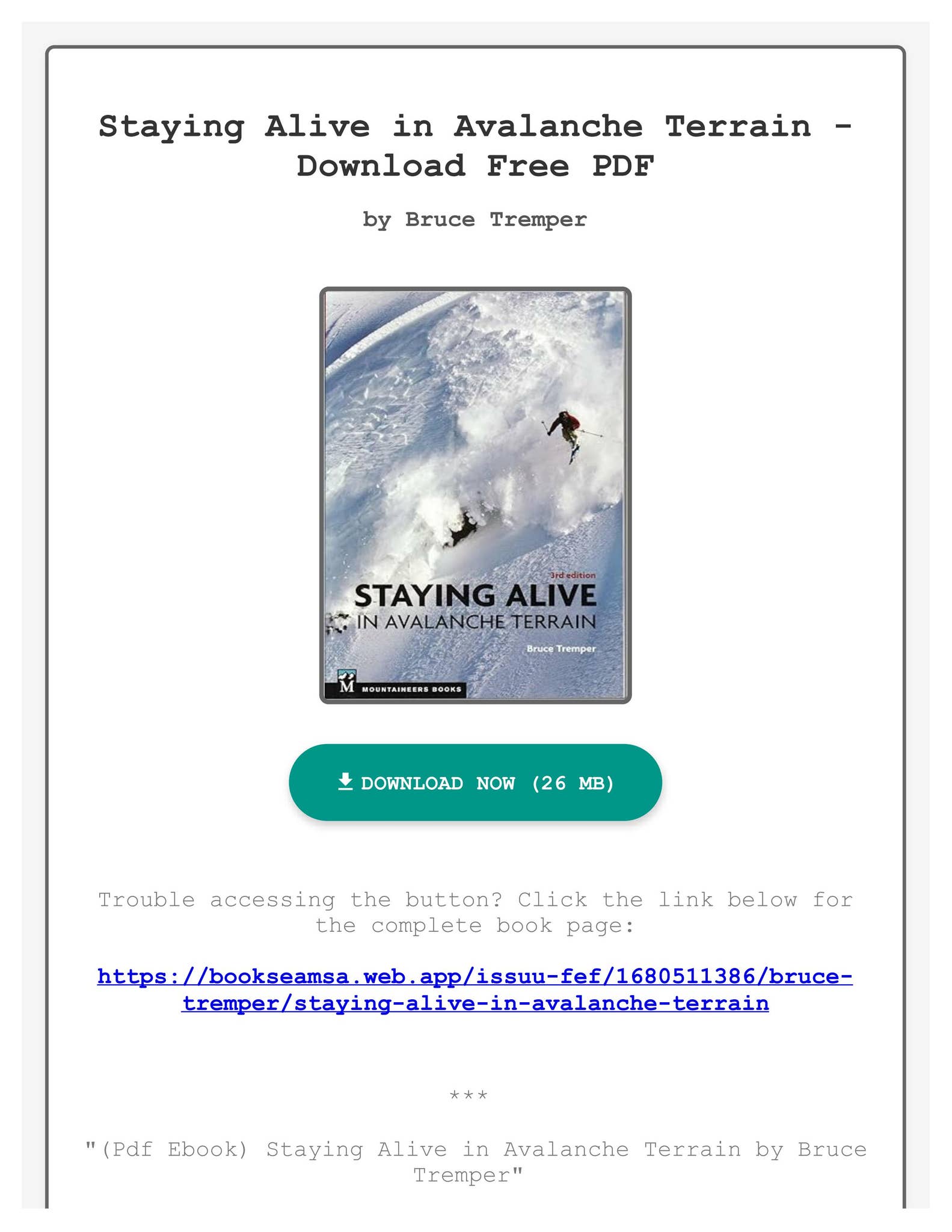 (Pdf Ebook) Staying Alive in Avalanche Terrain by Bruce Tremper by ...
