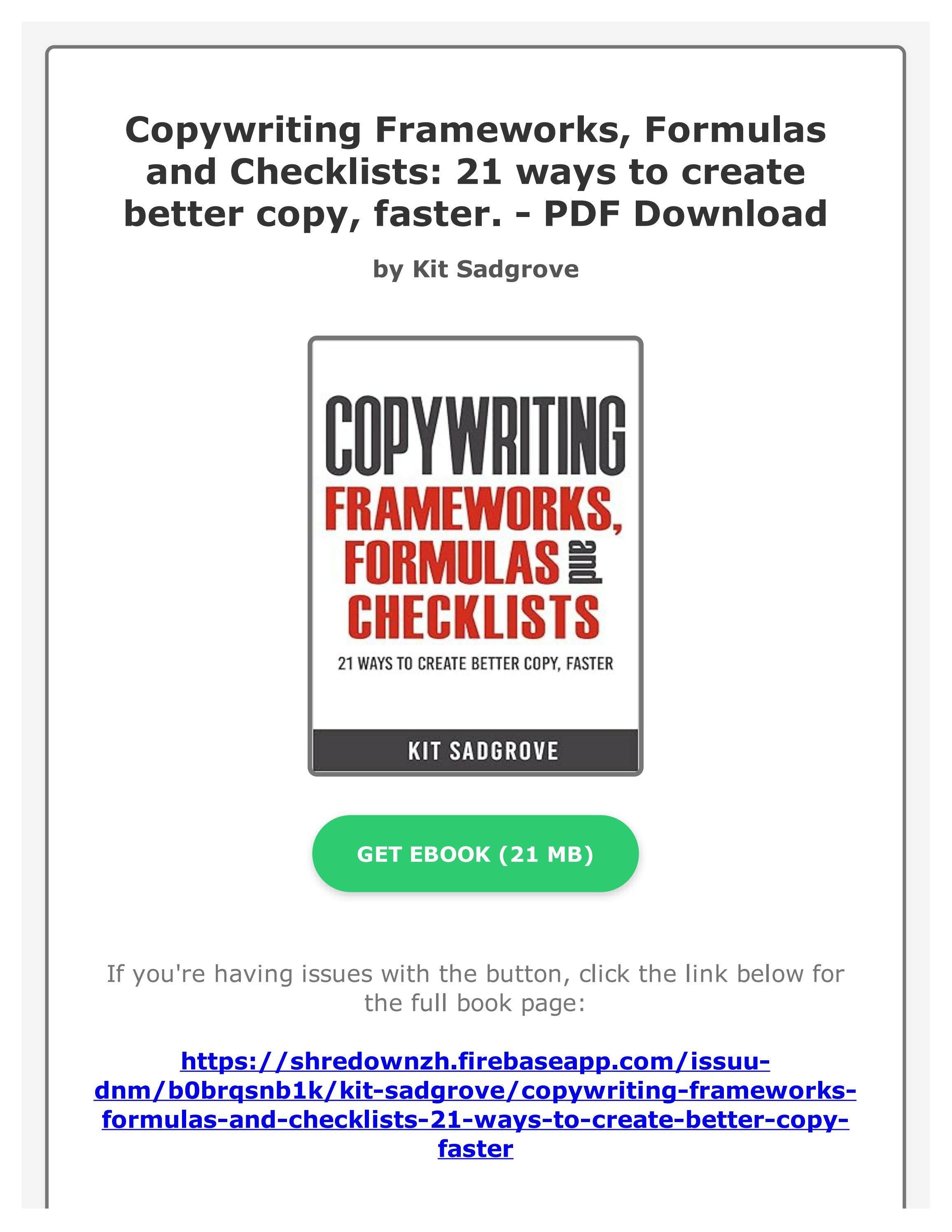 (FREE (PDF) Copywriting Frameworks, Formulas and Checklists: 21 ways to ...