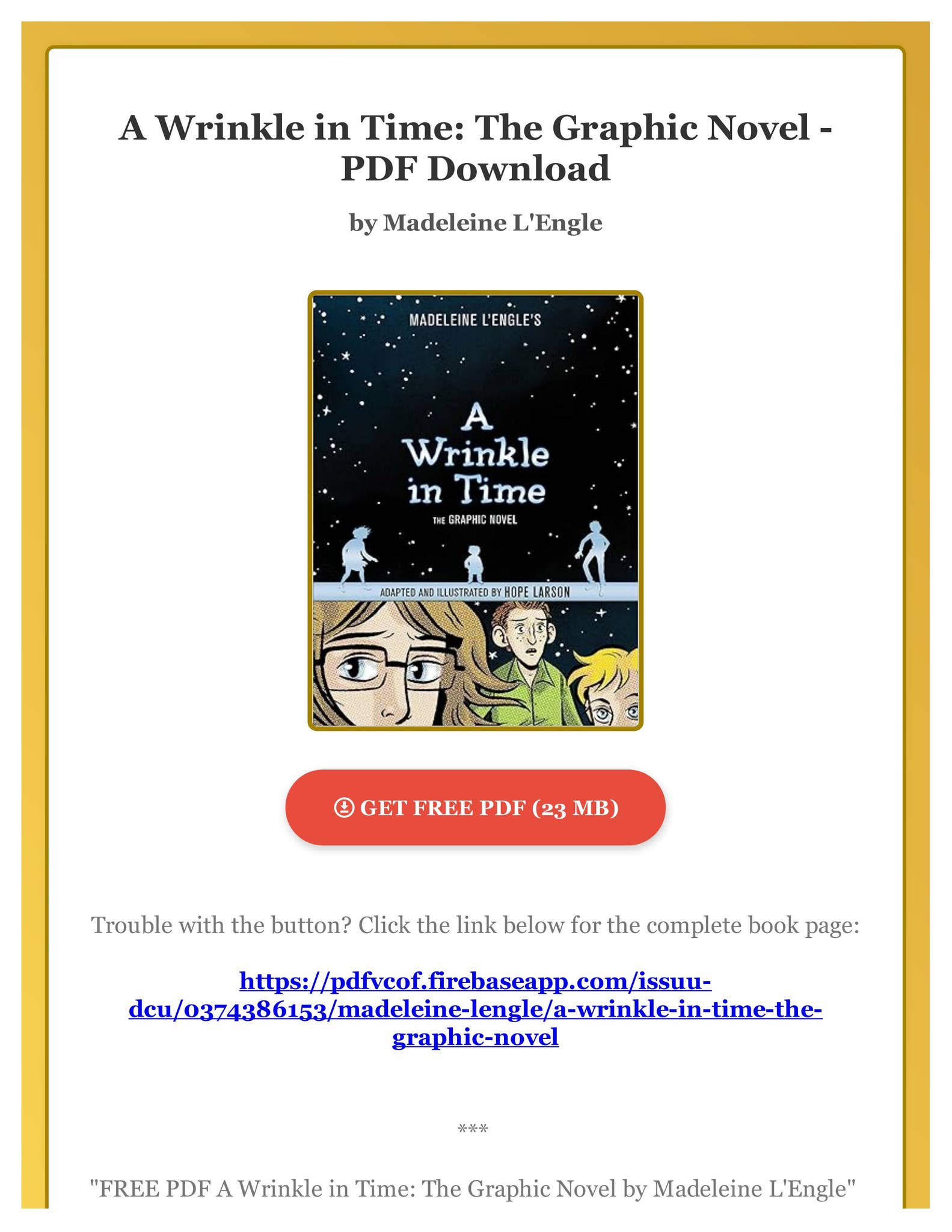 FREE PDF A Wrinkle in Time: The Graphic Novel by Madeleine L'Engle by ...