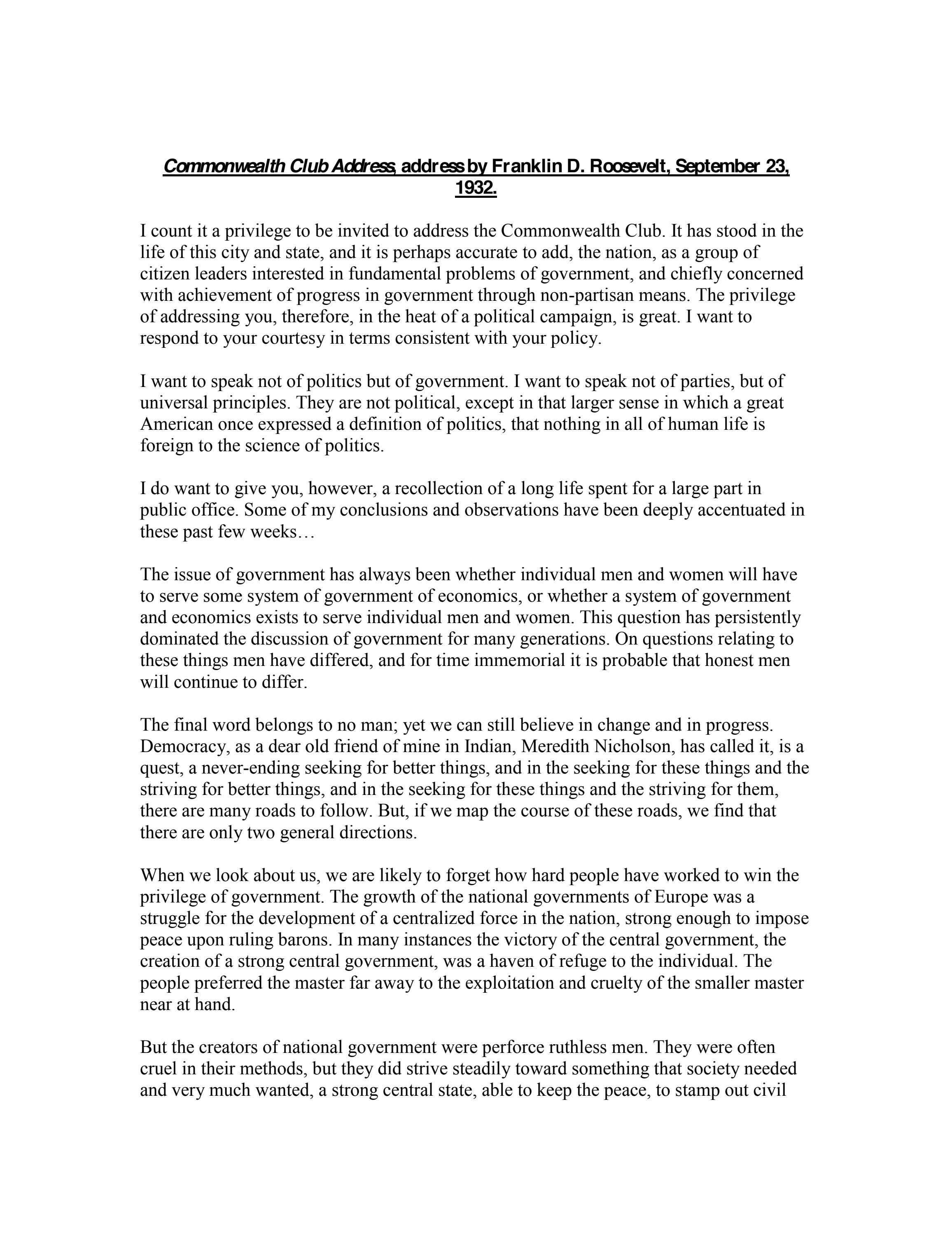 Franklin D. Roosevelt's Commonwealth Address, September 23, 1935 by ...