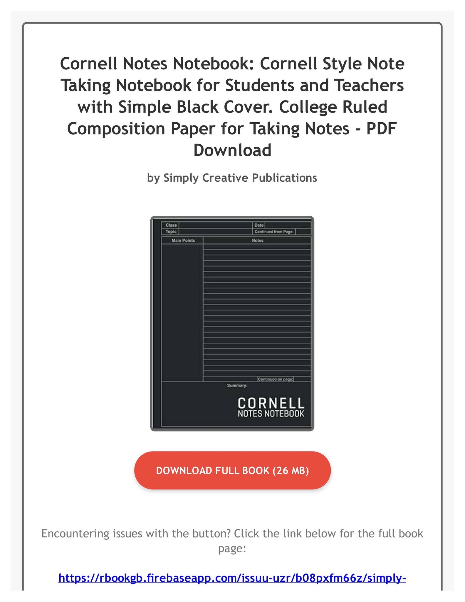 PDF Free Cornell Notes Notebook: Cornell Style Note Taking Notebook for ...