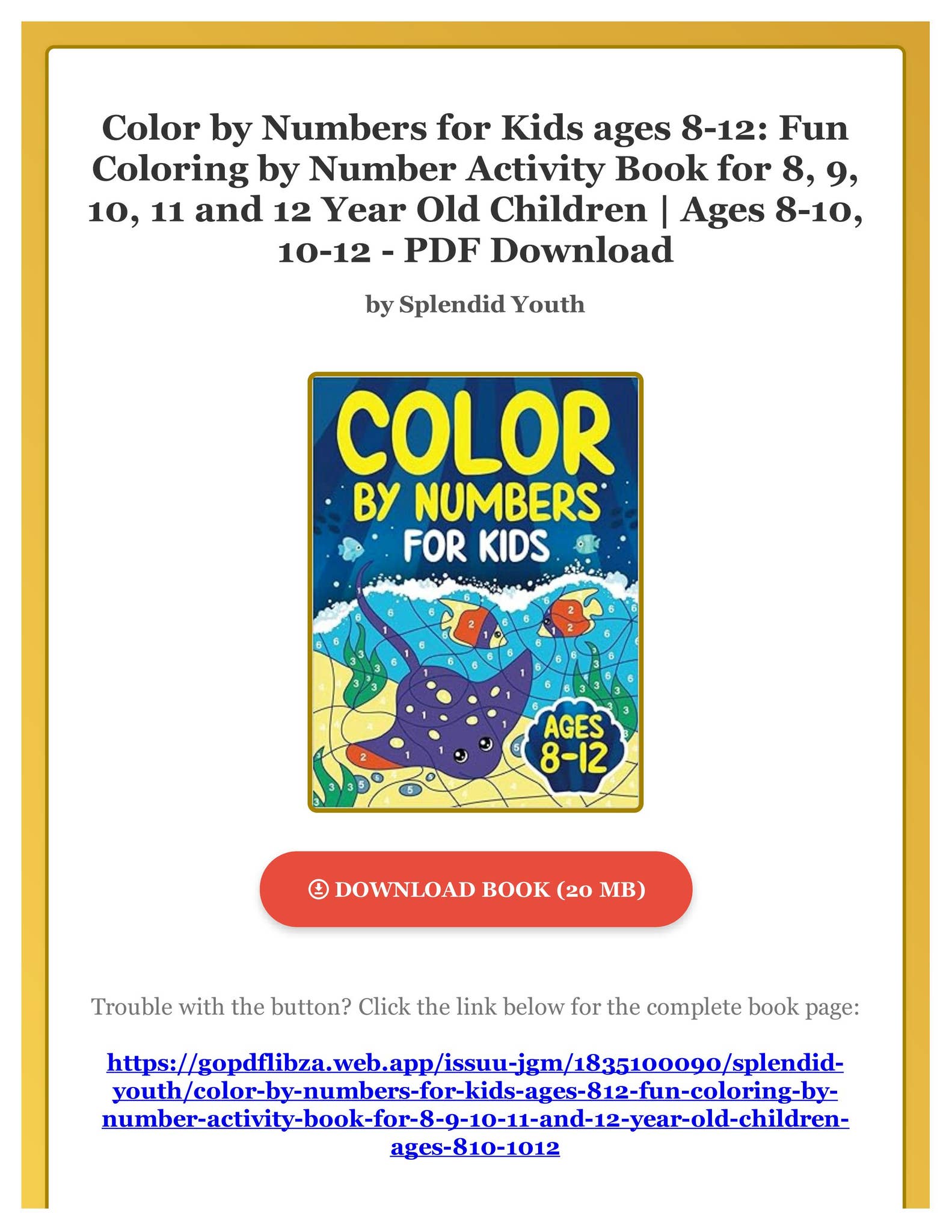 (PDF) Color by Numbers for Kids ages 8-12: Fun Coloring by Number ...
