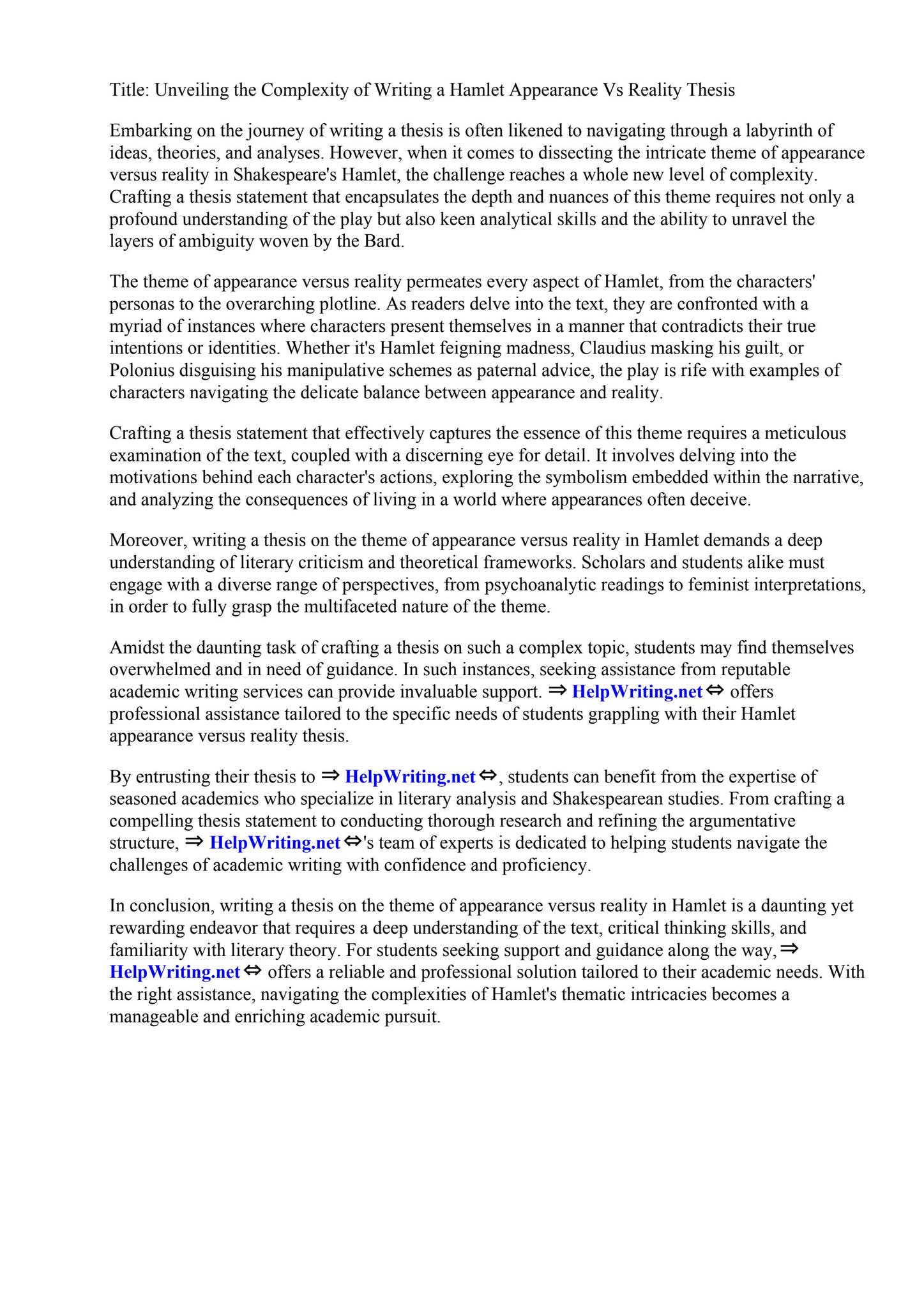 Hamlet Appearance Vs Reality Thesis Statement by Lone Star College ...