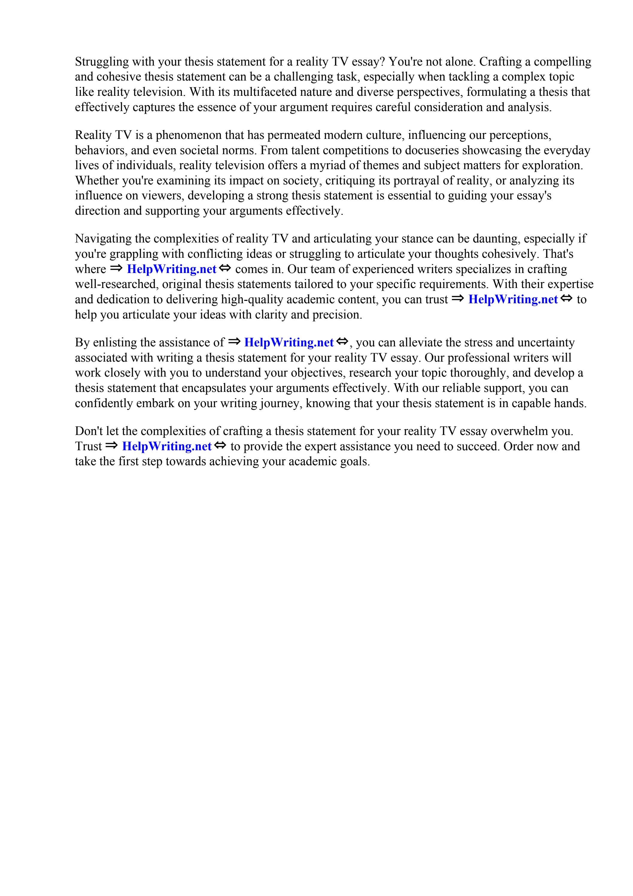 Thesis Statement For Reality Tv Essay by Pierce College - Issuu