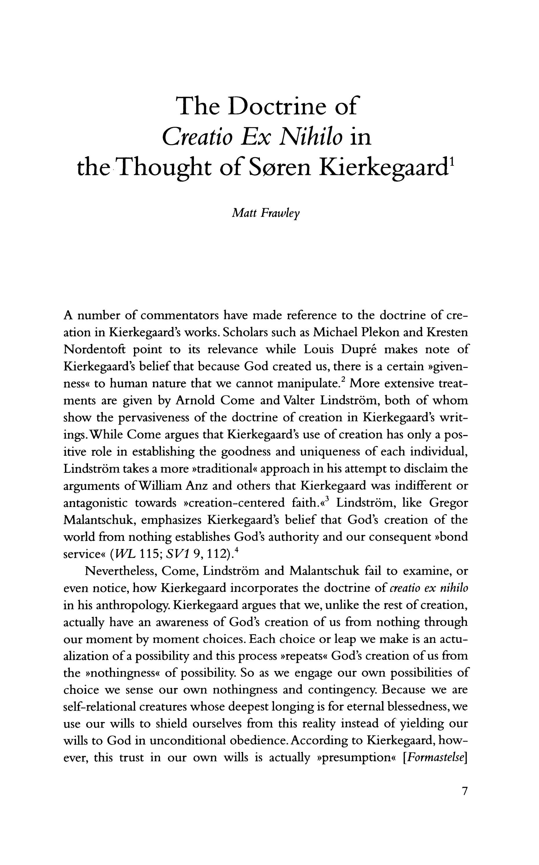 The Doctrine of Creatio Ex Nihilo in the Thought of Soren Kierkegaard ...