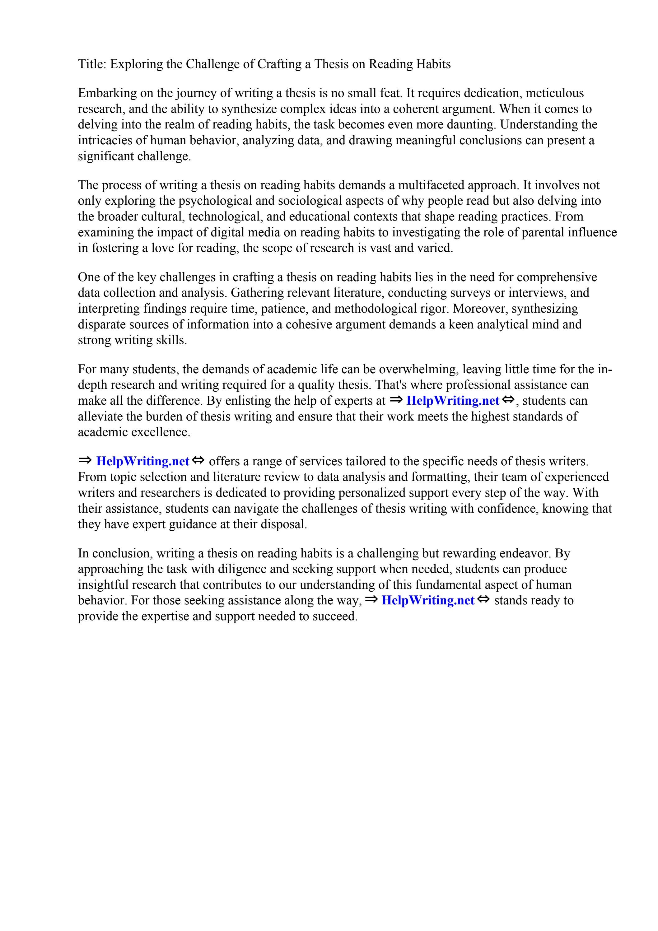 Sample Thesis About Reading Habits by Danforth Collegiate and Technical ...