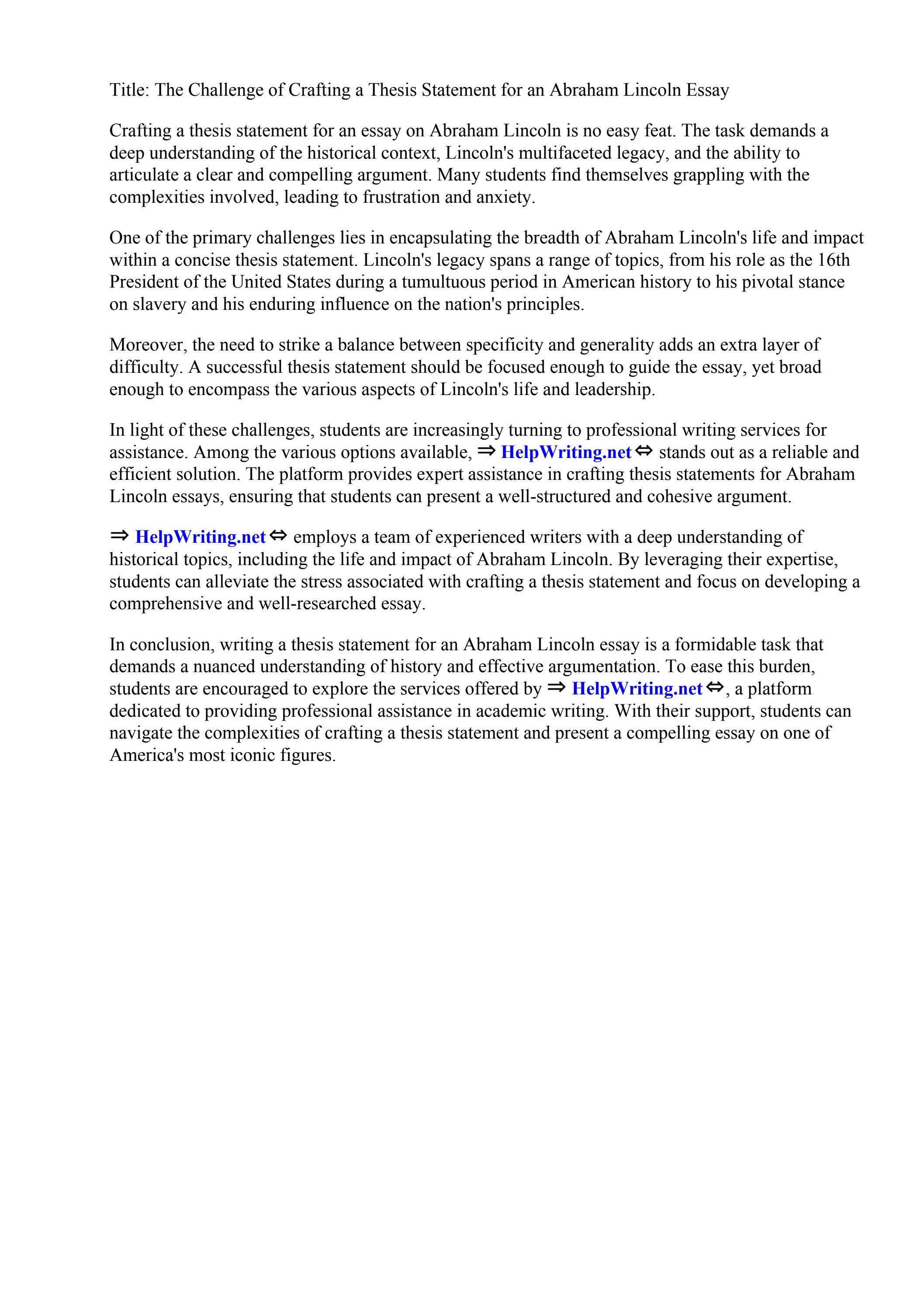 Thesis Statement For Abraham Lincoln Essay by Defiance College - Issuu