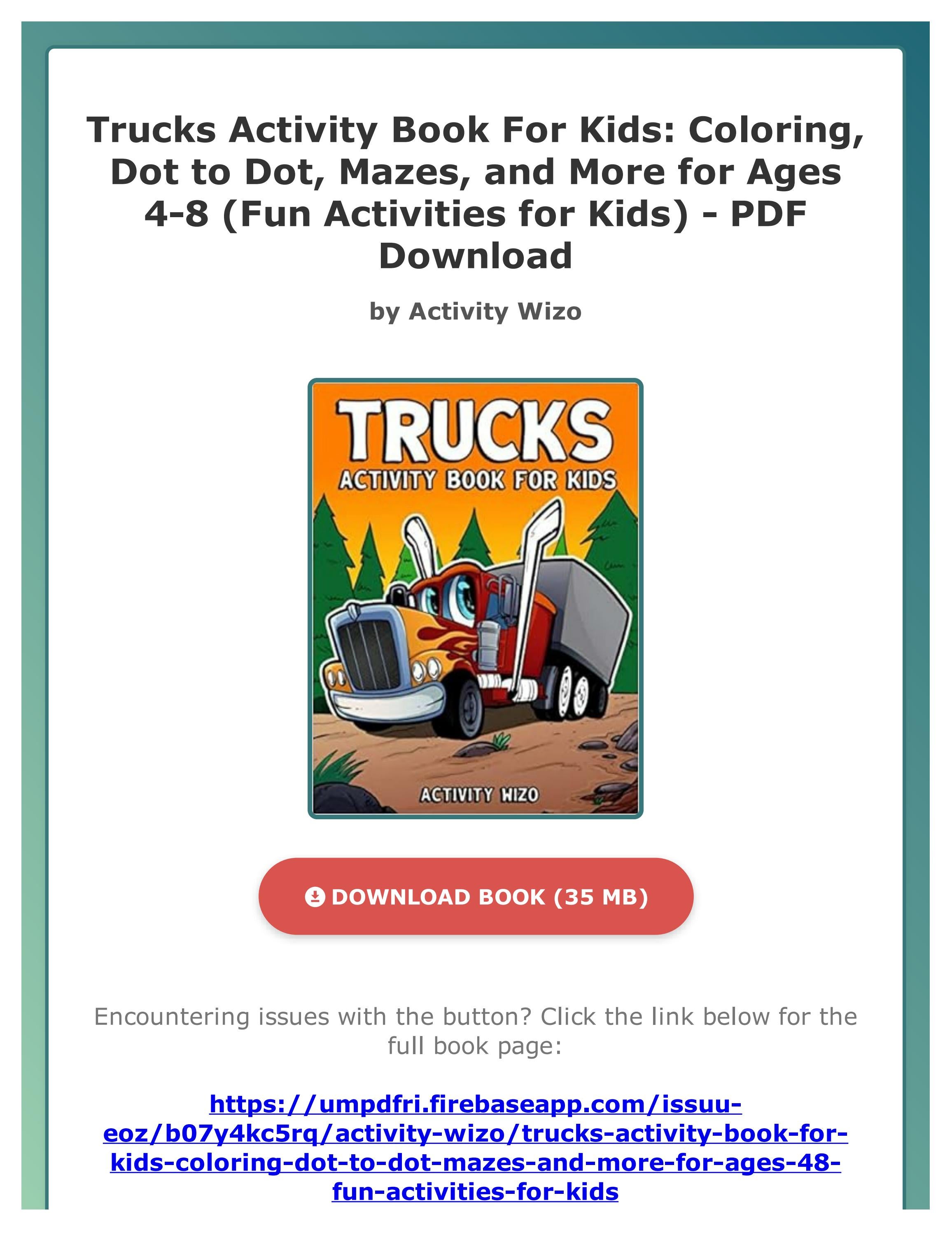 Free Pdf Trucks Activity Book For Kids: Coloring, Dot to Dot, Mazes ...