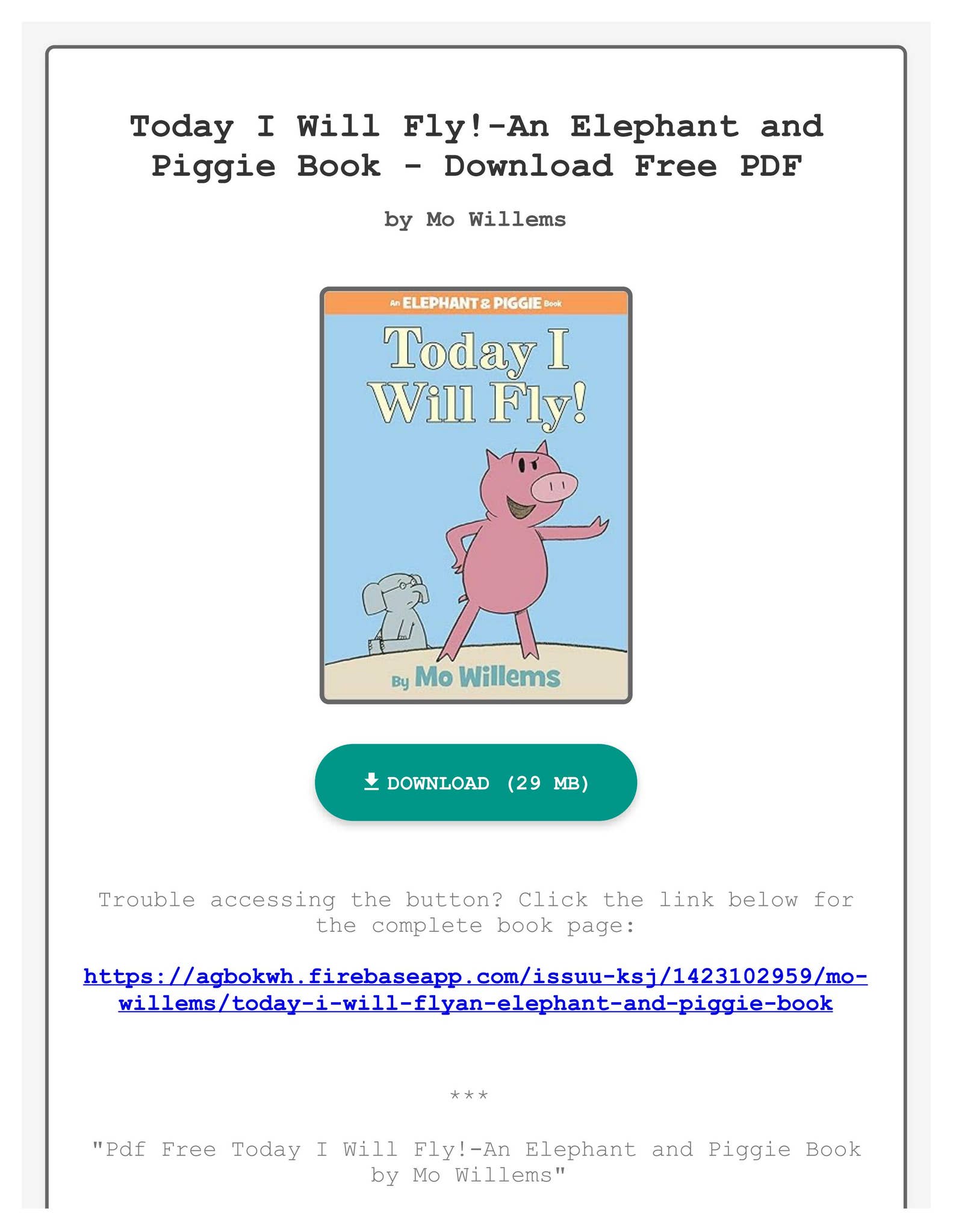 Pdf Free Today I Will Fly!-An Elephant and Piggie Book by Mo Willems by ...