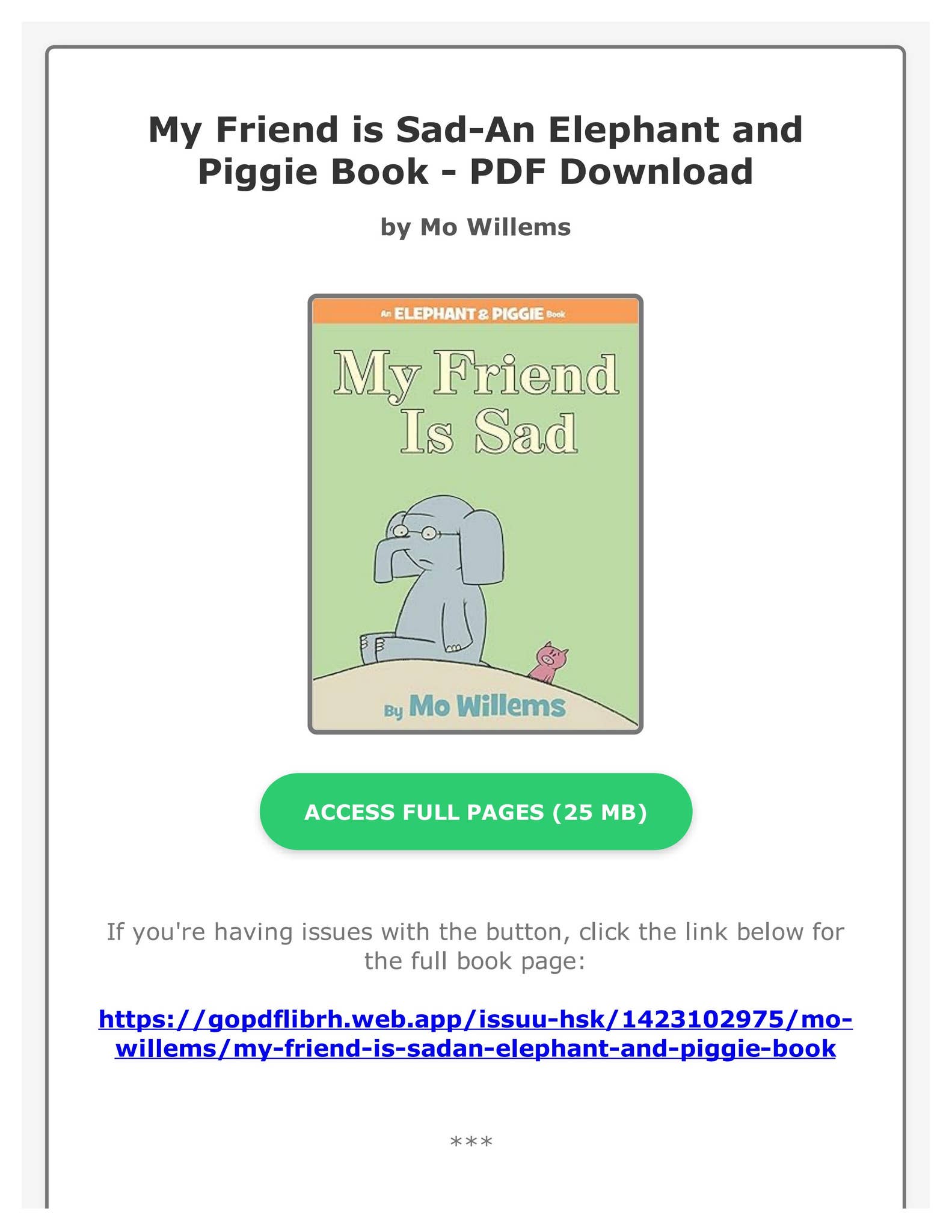 (PDF PDF) My Friend is Sad-An Elephant and Piggie Book by Mo Willems by ...