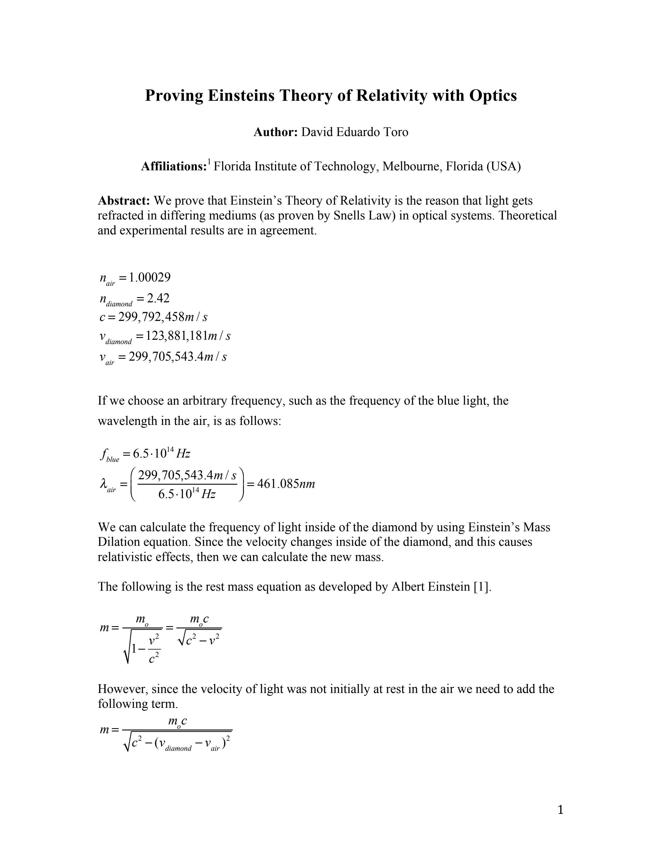 Proving Einsteins Theory of Relativity with Optics by David Toro - Issuu