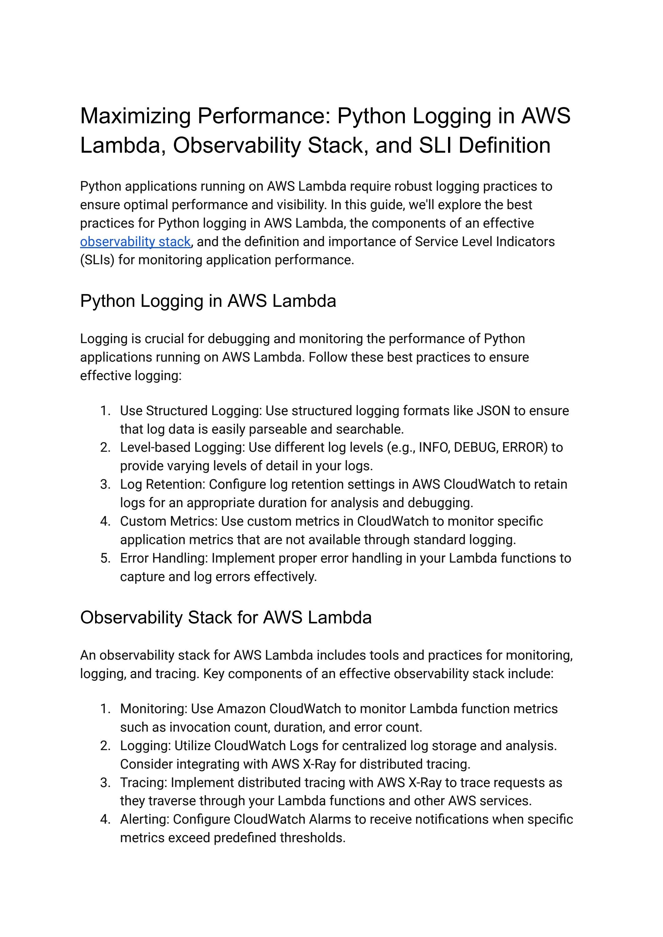 Maximizing Performance Python Logging In Aws Lambda Observability Stack And Sli Definition By