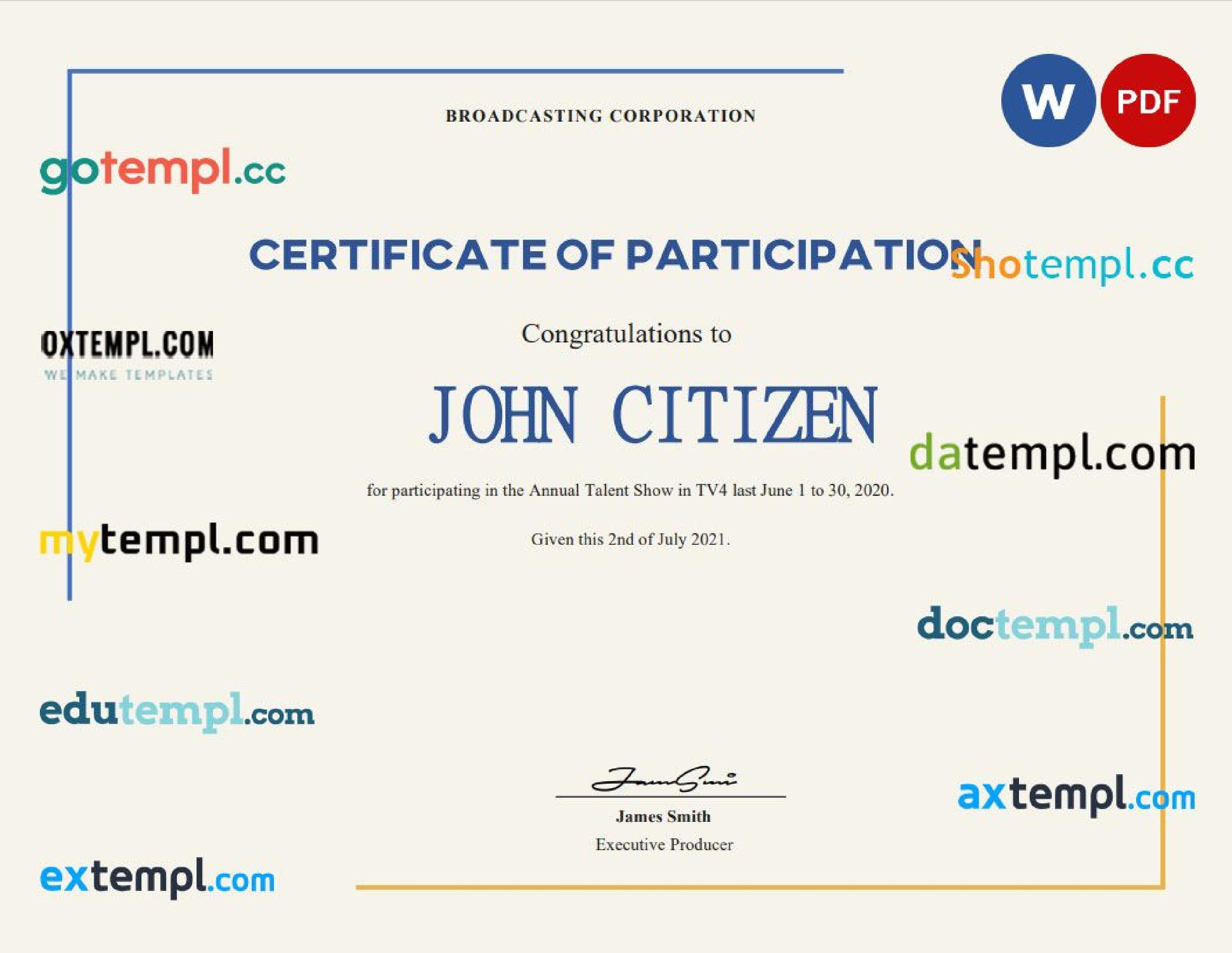 USA Talent Show Participation certificate template in Word and PDF ... USA Talent Show Participation certificate template in Word and PDF ...