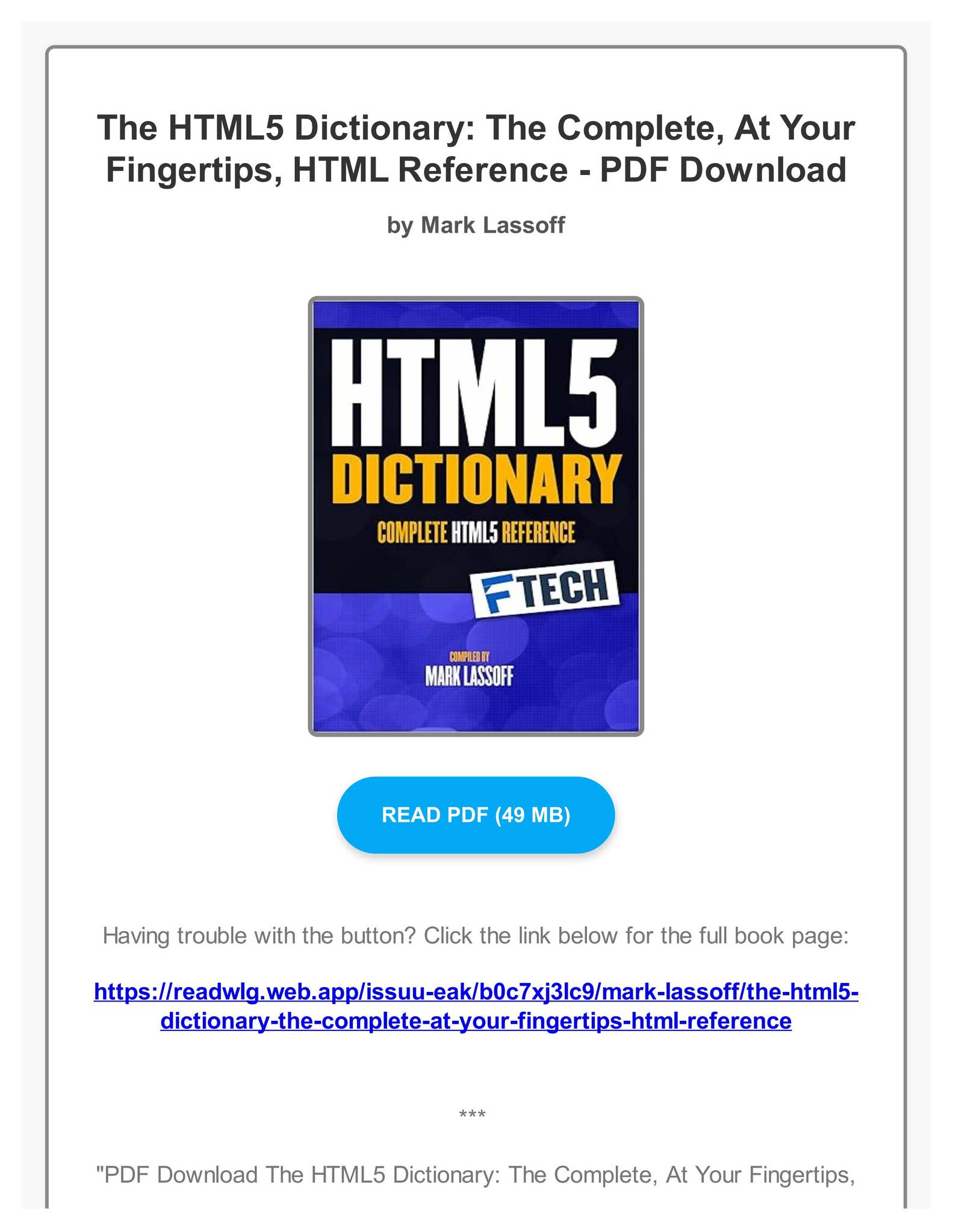 PDF Download The HTML5 Dictionary: The Complete, At Your Fingertips, HTML Reference by Mark ...