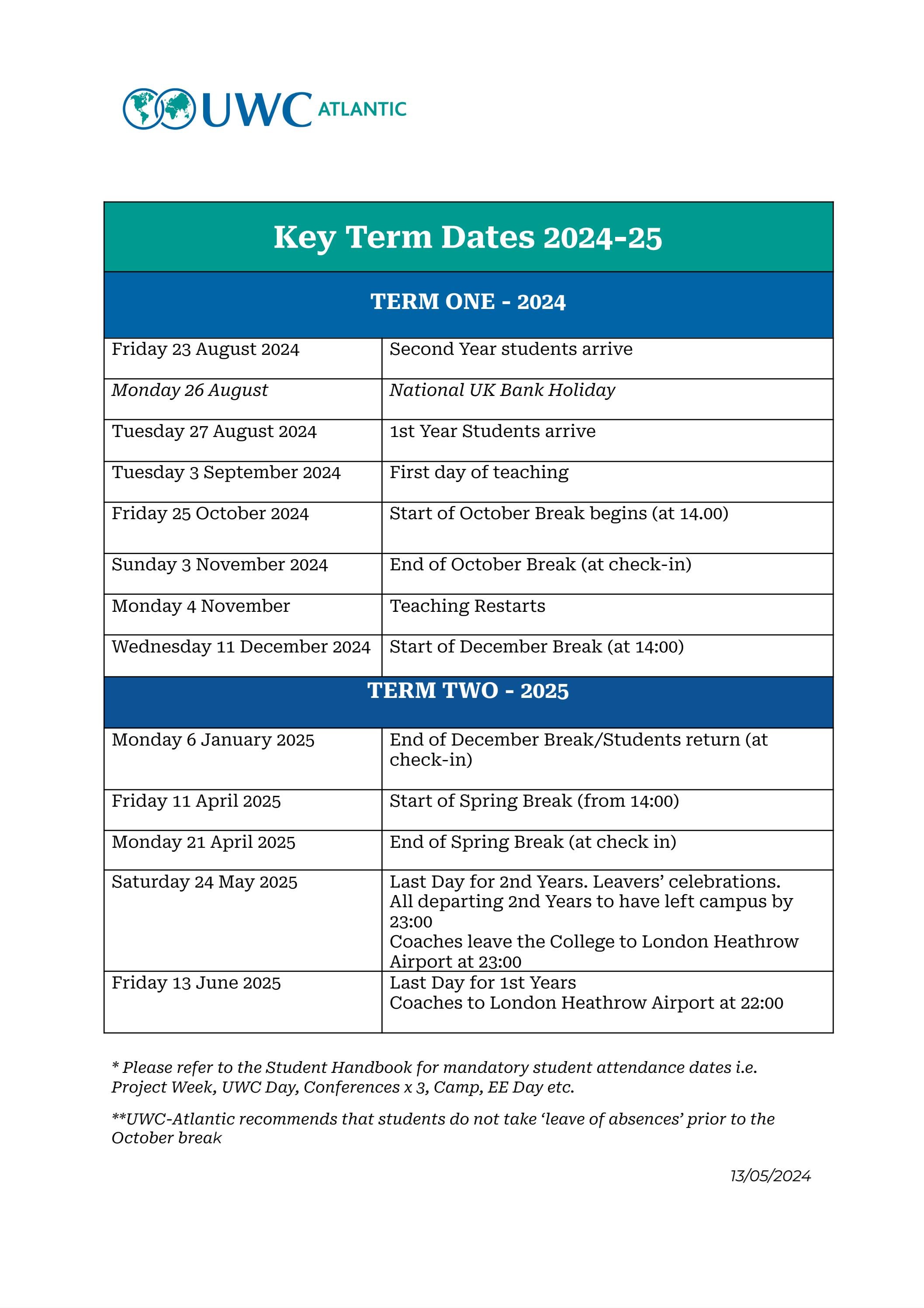 Term Dates 2024 - 2025 by UWC Atlantic College - Issuu