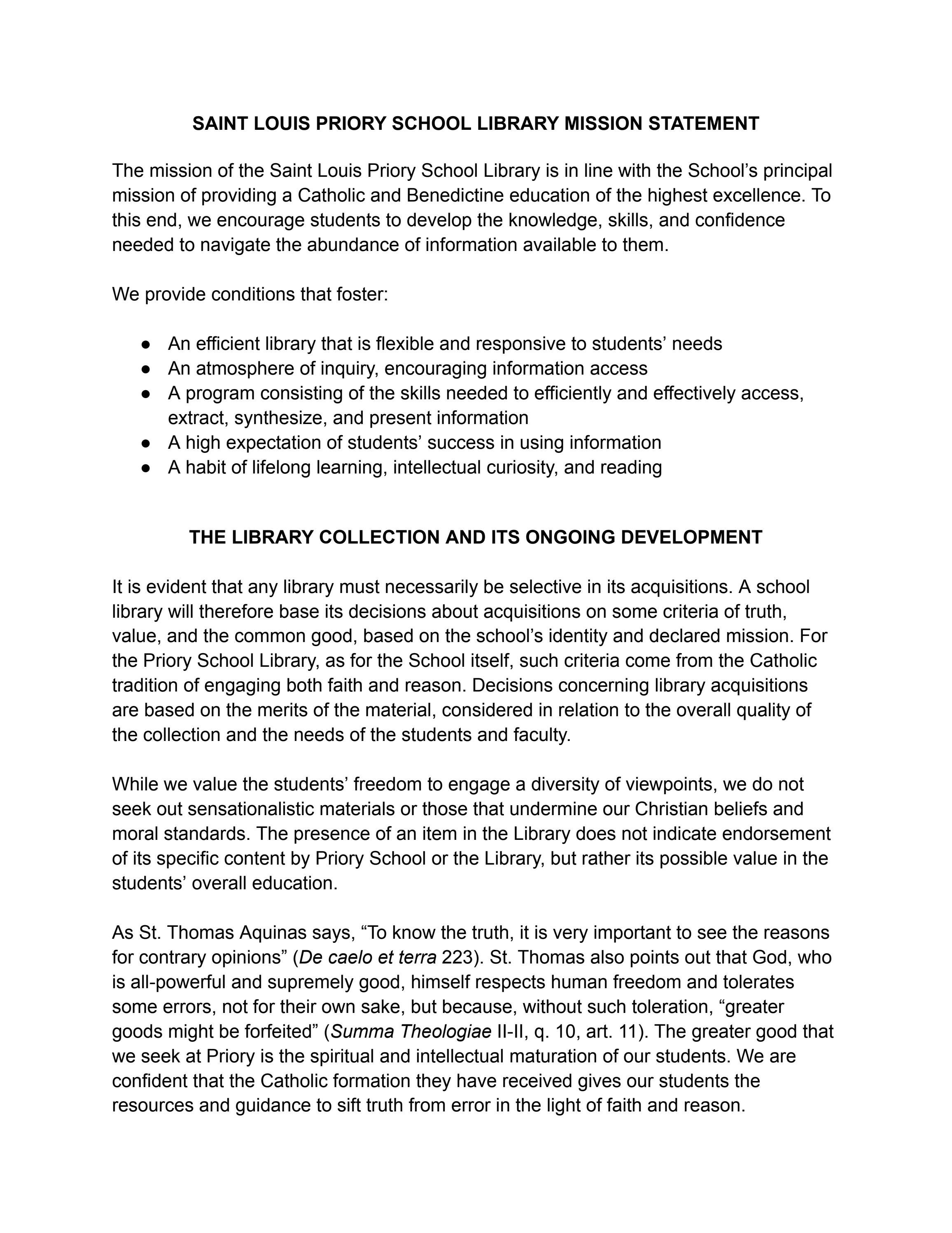 Saint Louis Priory School Library Mission Statement & Collection Policy ...