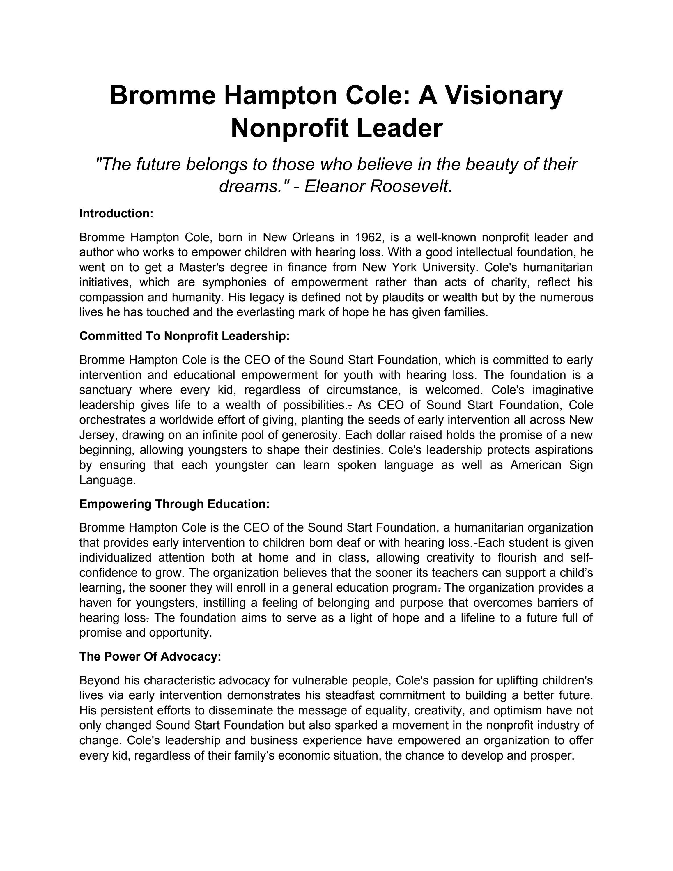Bromme Hampton Cole: A Visionary Nonprofit Leader by Jake Parker - Issuu