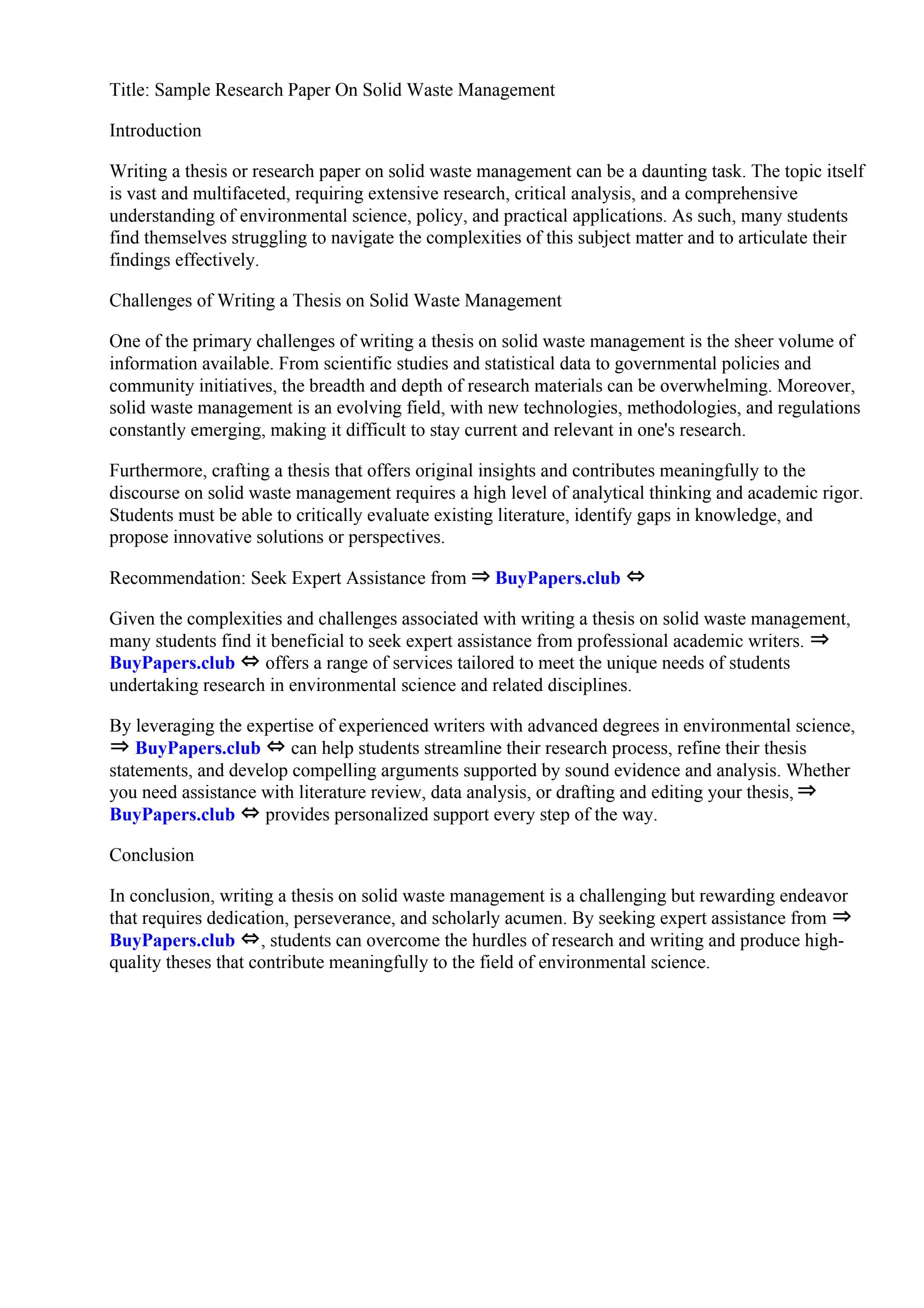 Sample Research Paper On Solid Waste Management by Alhambra Medical ...