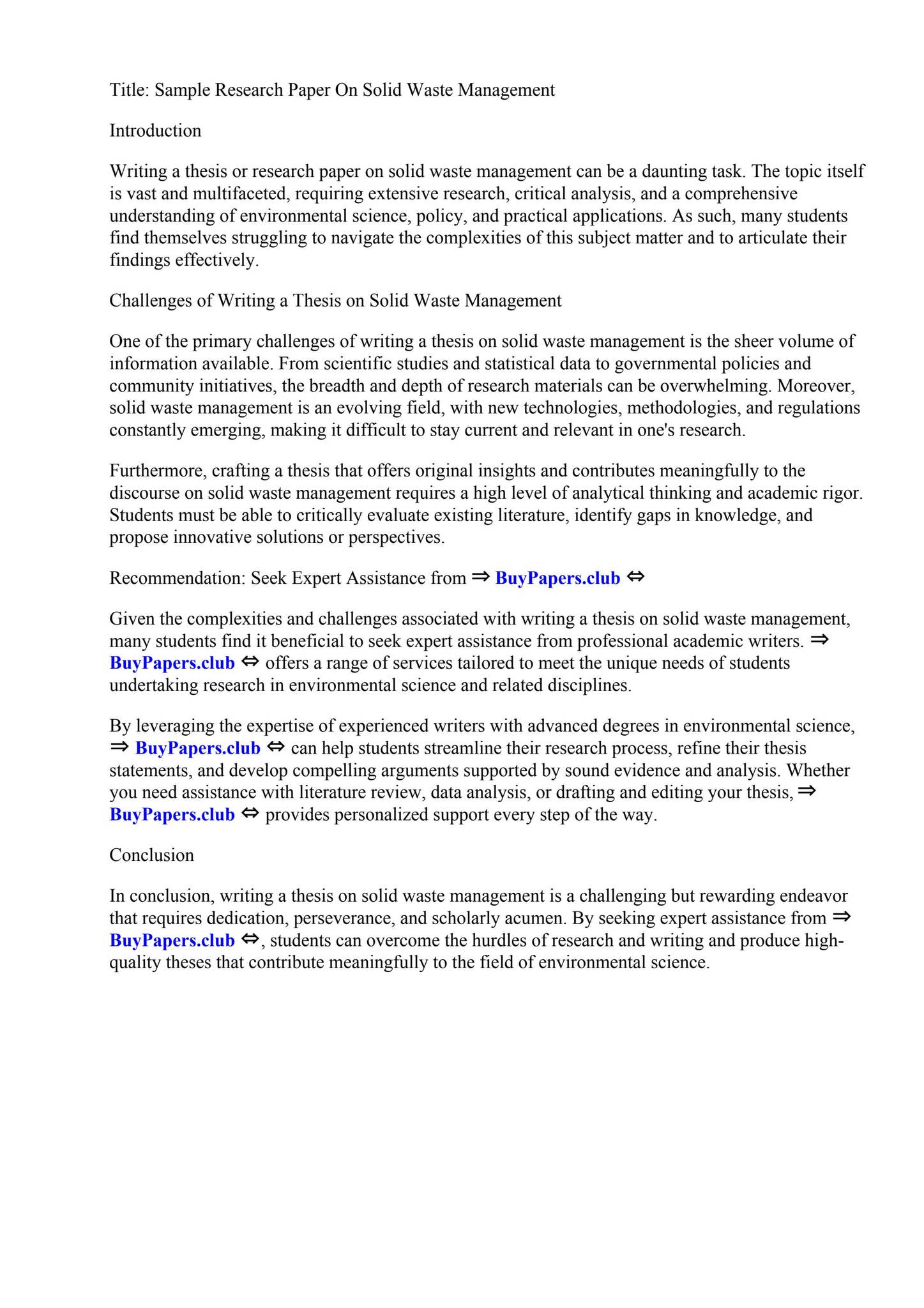 Sample Research Paper On Solid Waste Management by Alhambra Medical ...