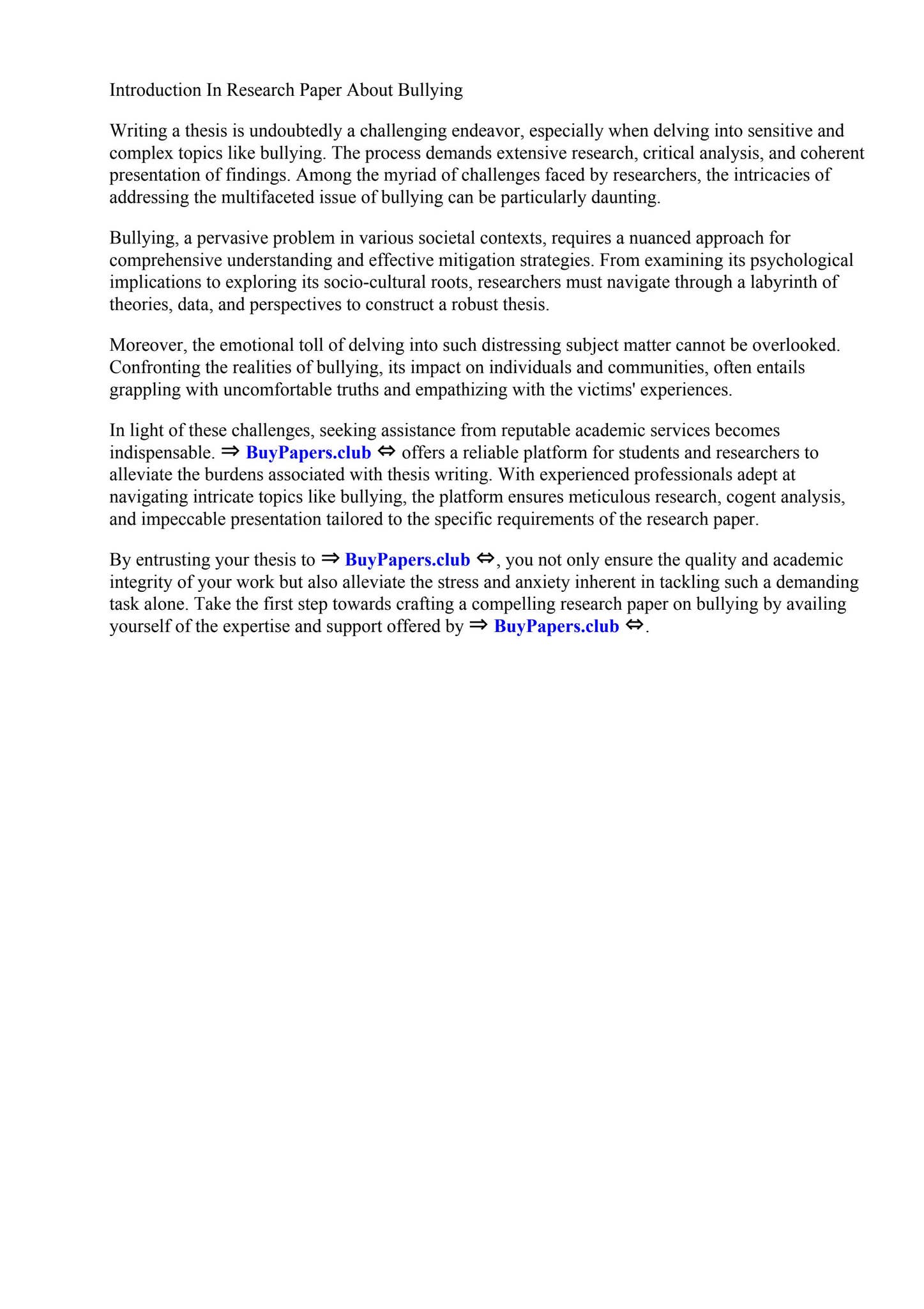 Introduction In Research Paper About Bullying by Humphreys University ...
