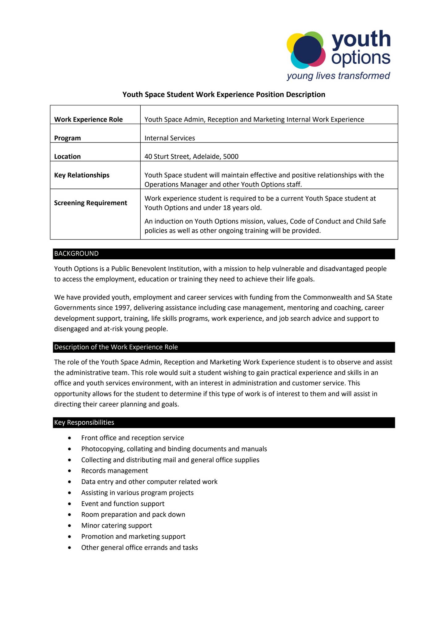 Youth Space Work Experience Student Position Description by ...