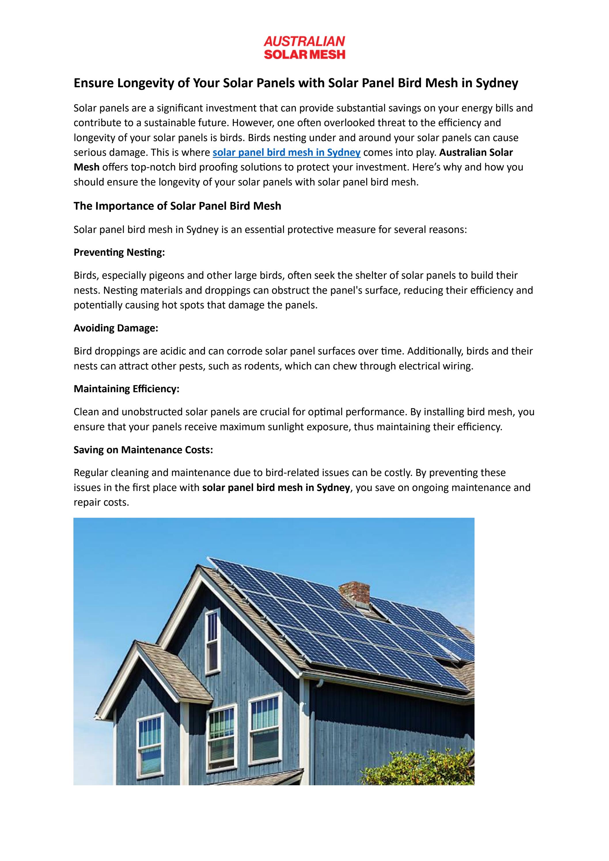 Ensure Longevity of Your Solar Panels with Solar Panel Bird Mesh in ...