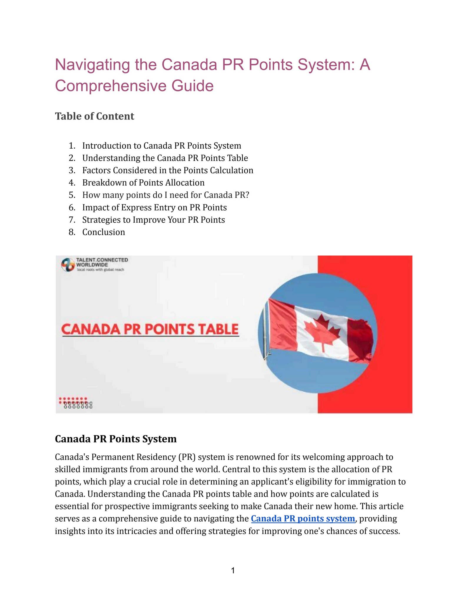 Understanding the Canada PR Points Table by Talent Connected Worldwide ...