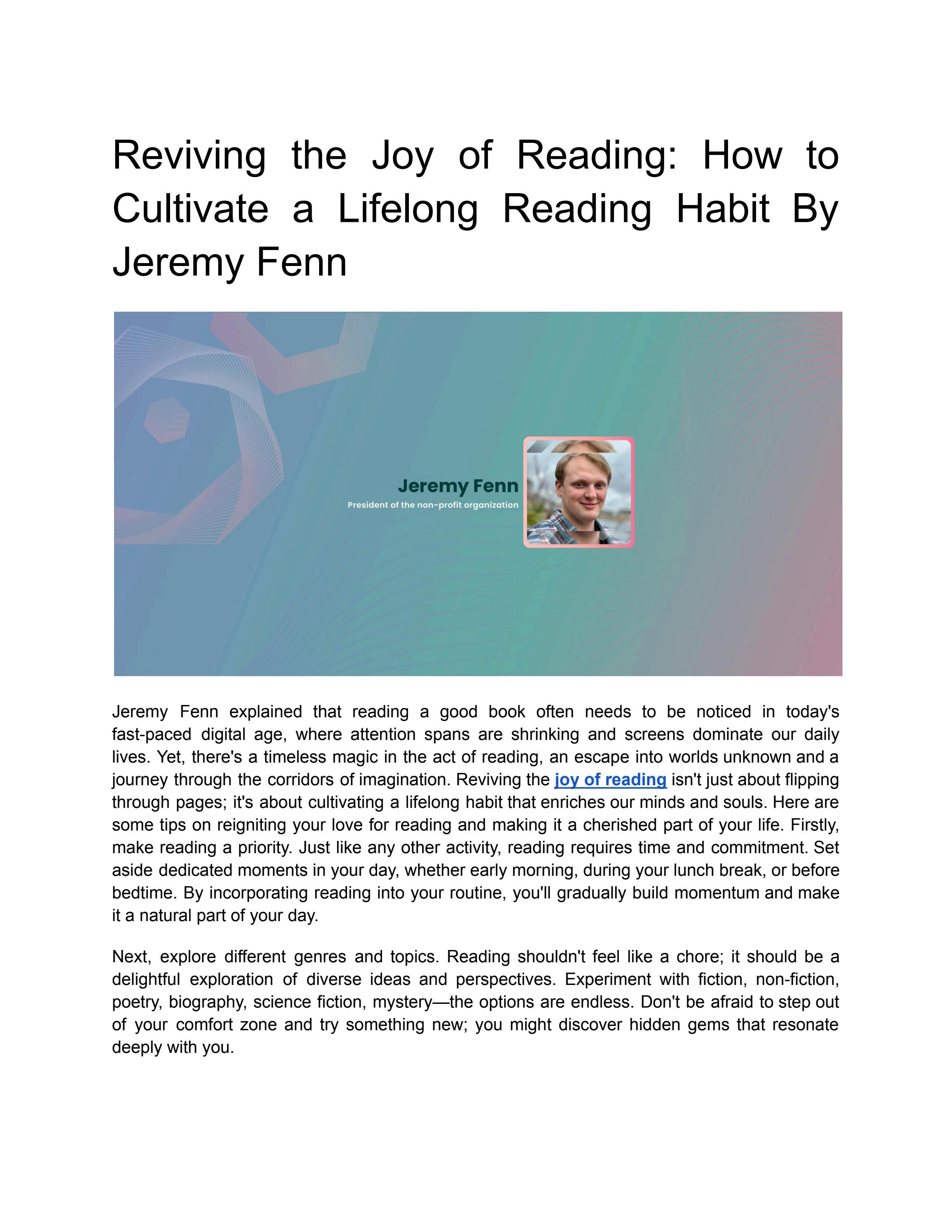 Reviving the Joy of Reading: How to Cultivate a Lifelong Reading Habit ...